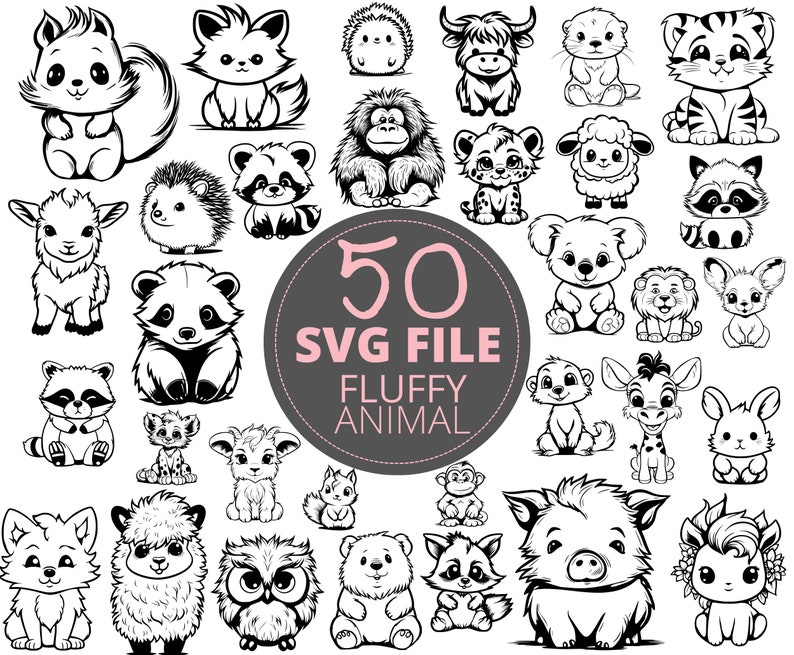 50pc Cute Fluffy Animal Doodle SVG Bundle, Cute Woodland Animals ...