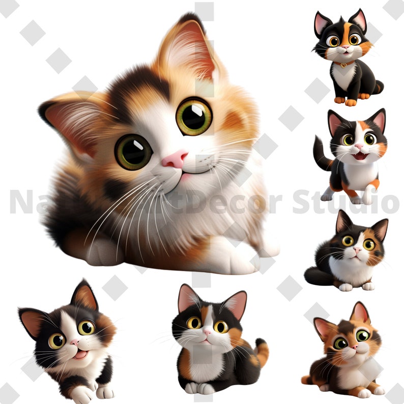 25pc Cute Cartoon Calico Cat PNG Bundle Cute Kitty Animal POD - Etsy
