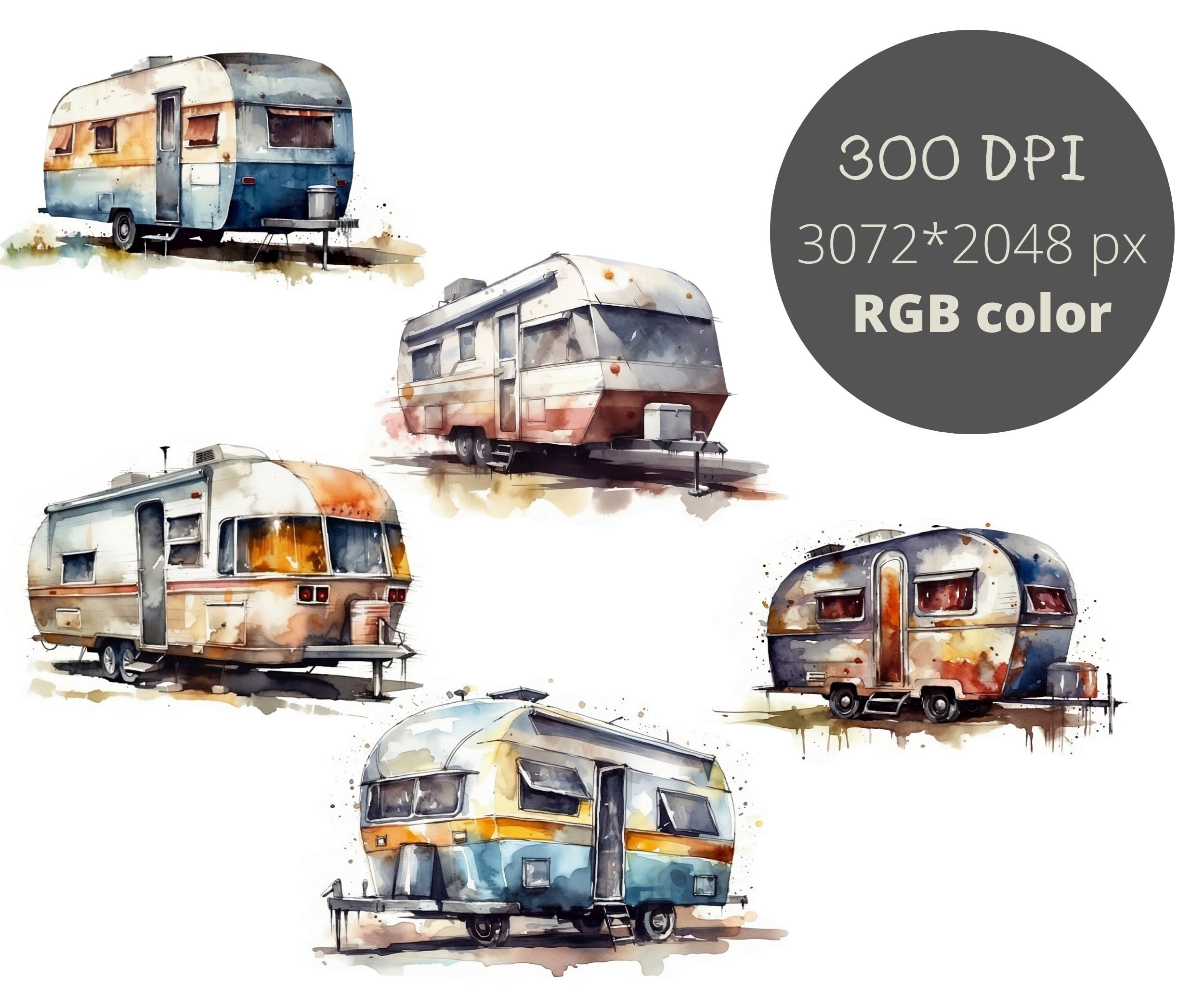 5 Retro Caravan Water Color PNG Bundle, Nature Trail Equipments Clipart ...