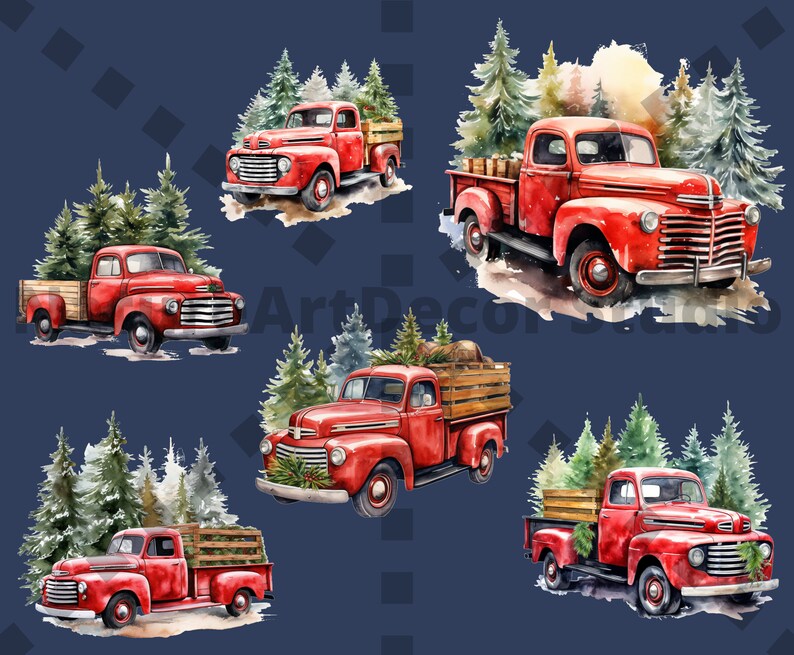 25pc Watercolor Winter Trucks PNG Bundle, Winter Pine Forest Allowed ...