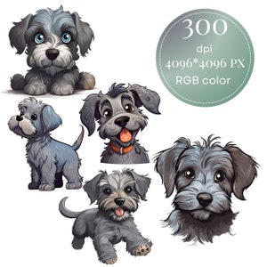 5pc Cartoon Gray Schnoodle Dog PNG Bundle, Cute Animal POD Allowed ...