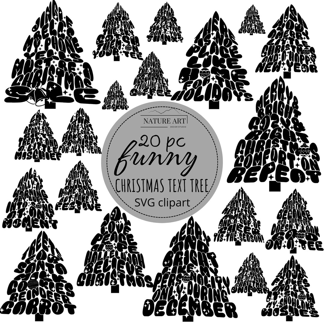 20pc Funny Christmas Text Tree SVG Bundle, X-mas Tree Word Art, PNG ...