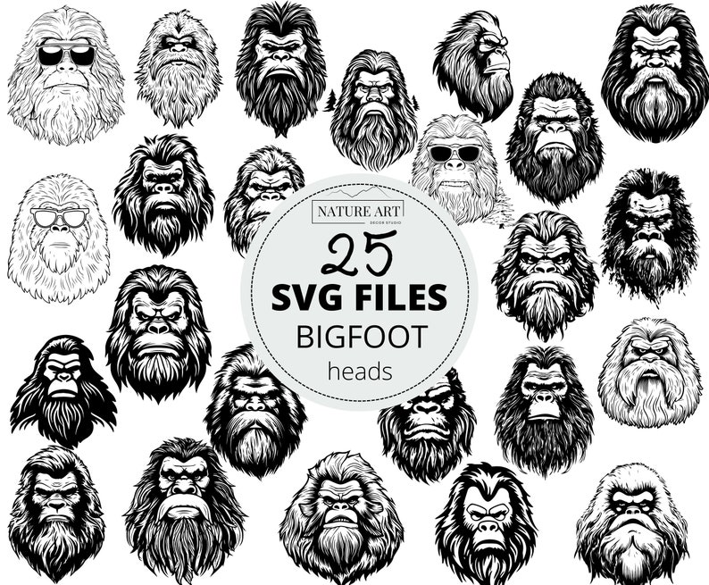 Bigfoot Faces Line Art Svg Bundle, Sasquatch Yeti Head Clipart, POD ...