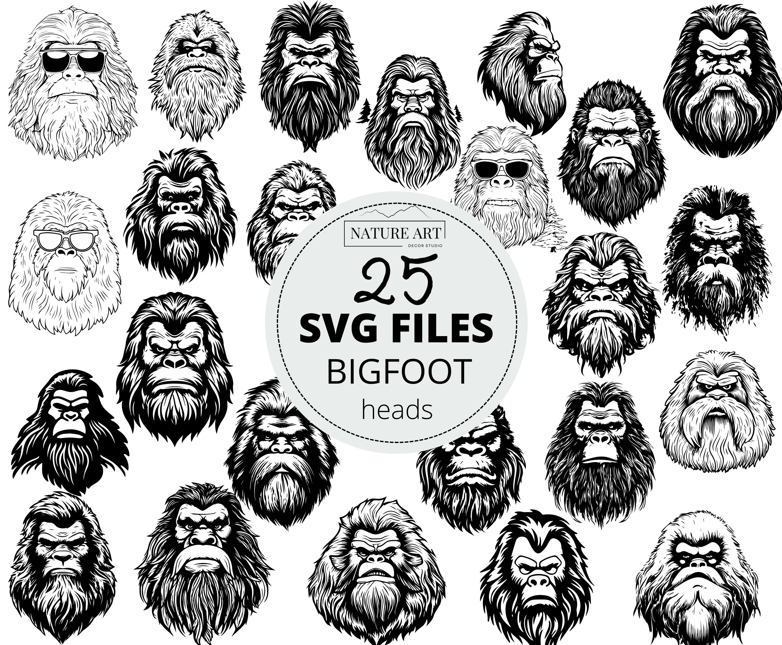 Bigfoot Faces Line Art Svg Bundle Sasquatch Yeti Head Clipart Pod Allowed Digital Art