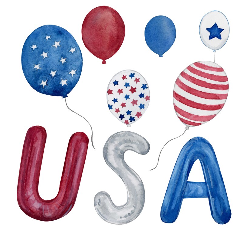 Watercolor Party Balloons 4th July Clipart, Independence Day Clipart ...