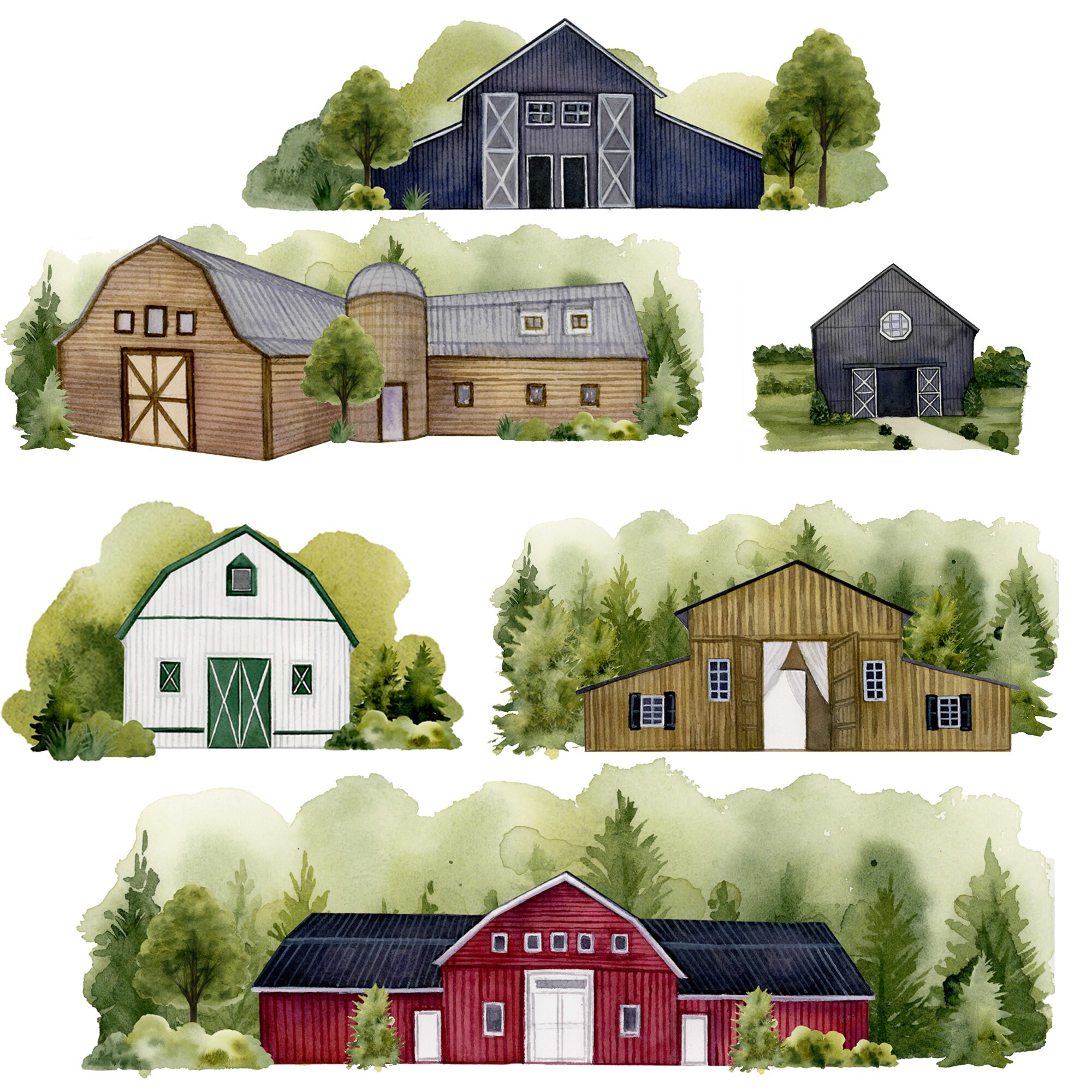 Farm Barn Watercolor Digital Clipart ,wedding Avenue Clipart, Farm ...