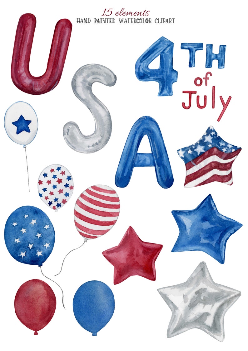 Watercolor Party Balloons 4th July Clipart, Independence Day Clipart ...