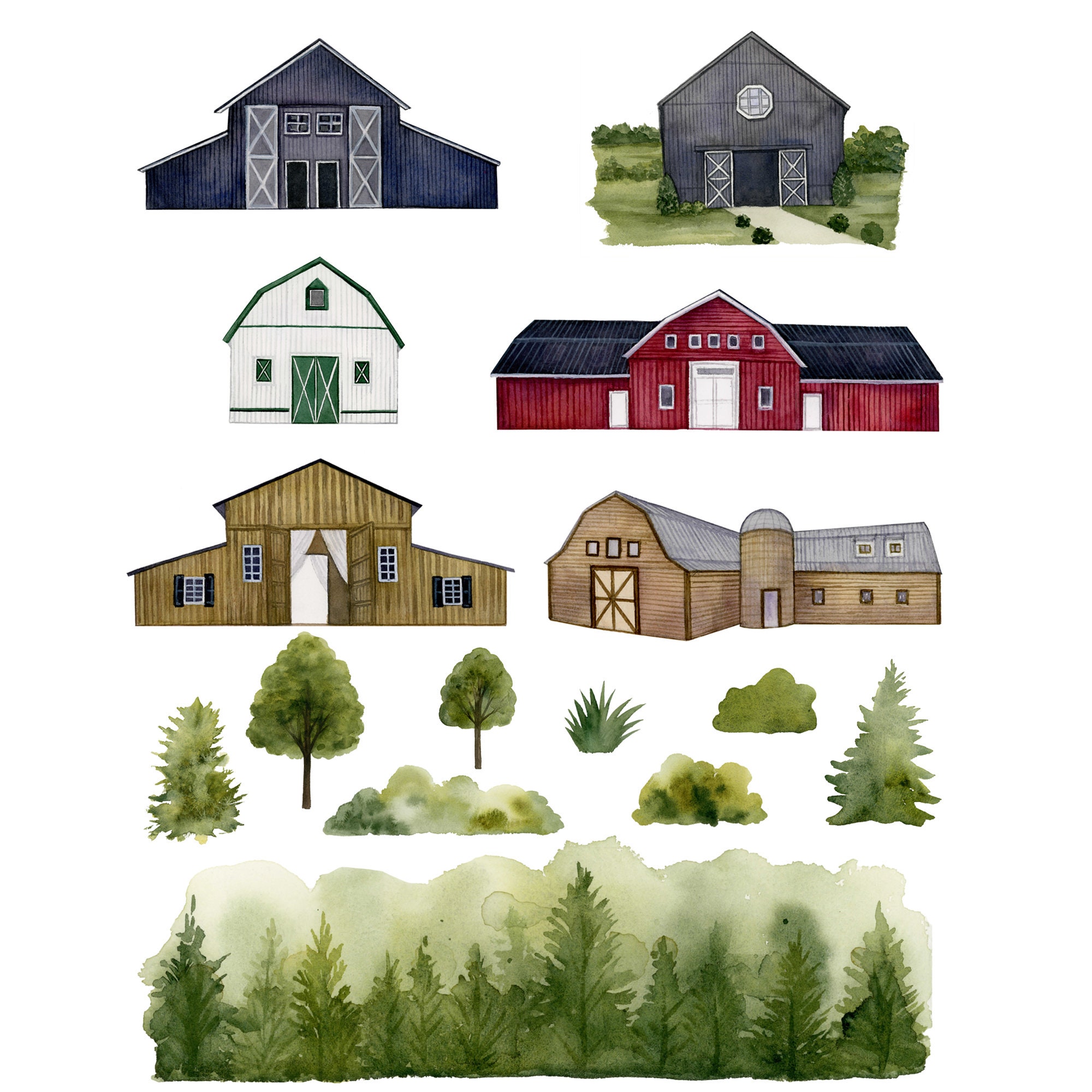 Farm Barn Watercolor Digital Clipart ,wedding Avenue Clipart, Farm ...