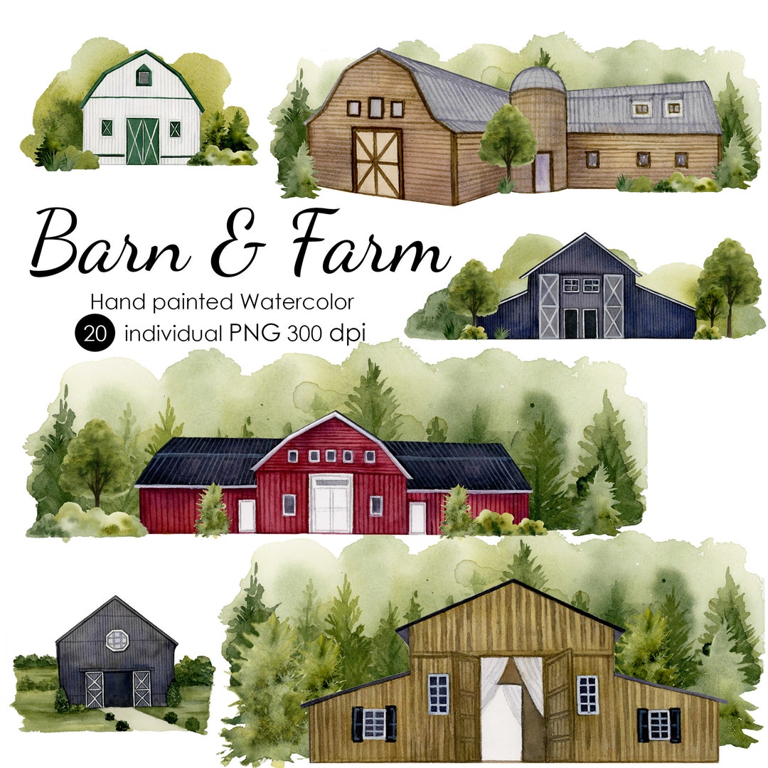 Farm Barn Watercolor Digital Clipart ,wedding Avenue Clipart, Farm ...