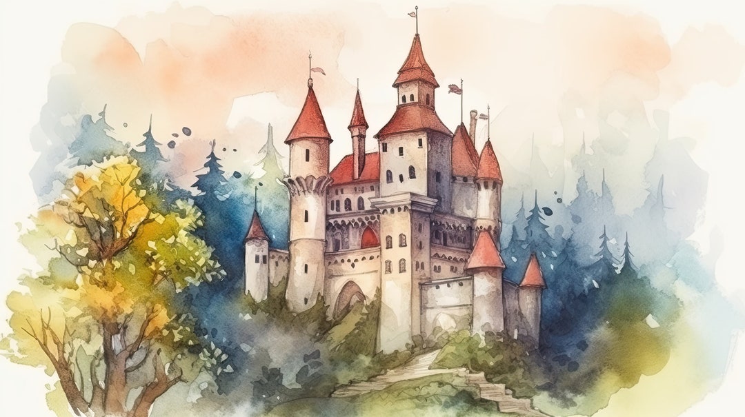 Vintage Style Fantasy Castle Watercolor Illustration - Etsy