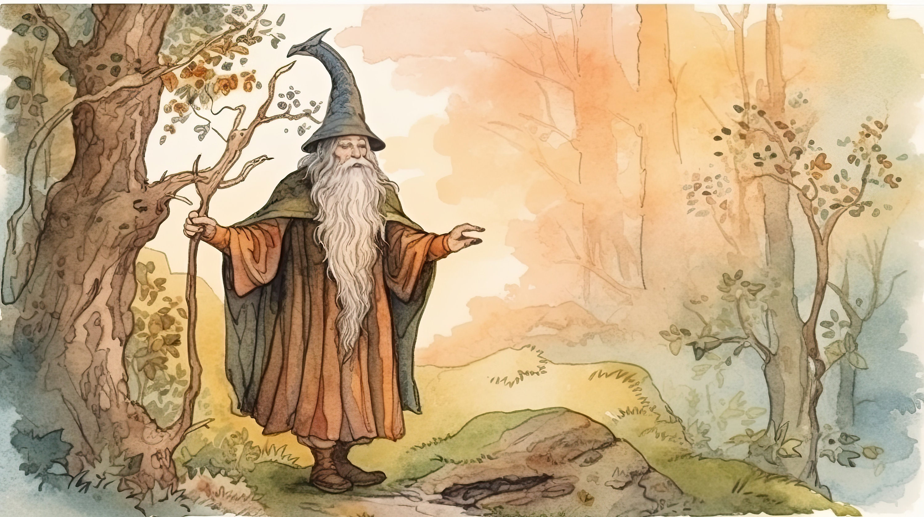 Vintage Style Wizard in a Forest Watercolor Illustration - Etsy