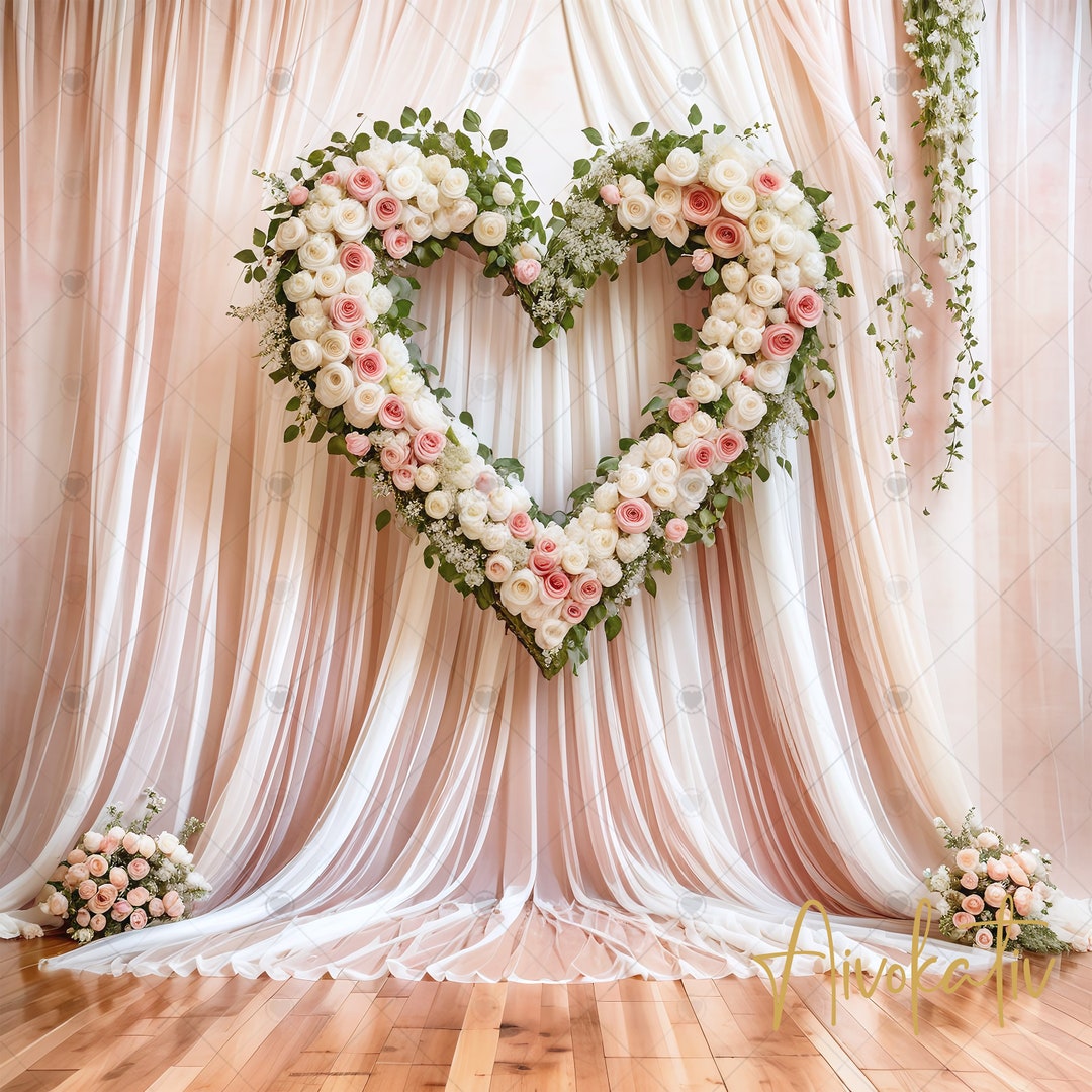 Romantic Wedding Floral Heart Digital Photography Backdrop Boho Digital ...