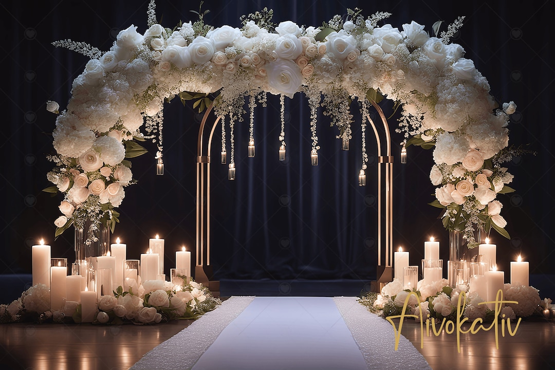 Elegant Wedding Arch Digital Photography Backdrop Candles and Flowers ...