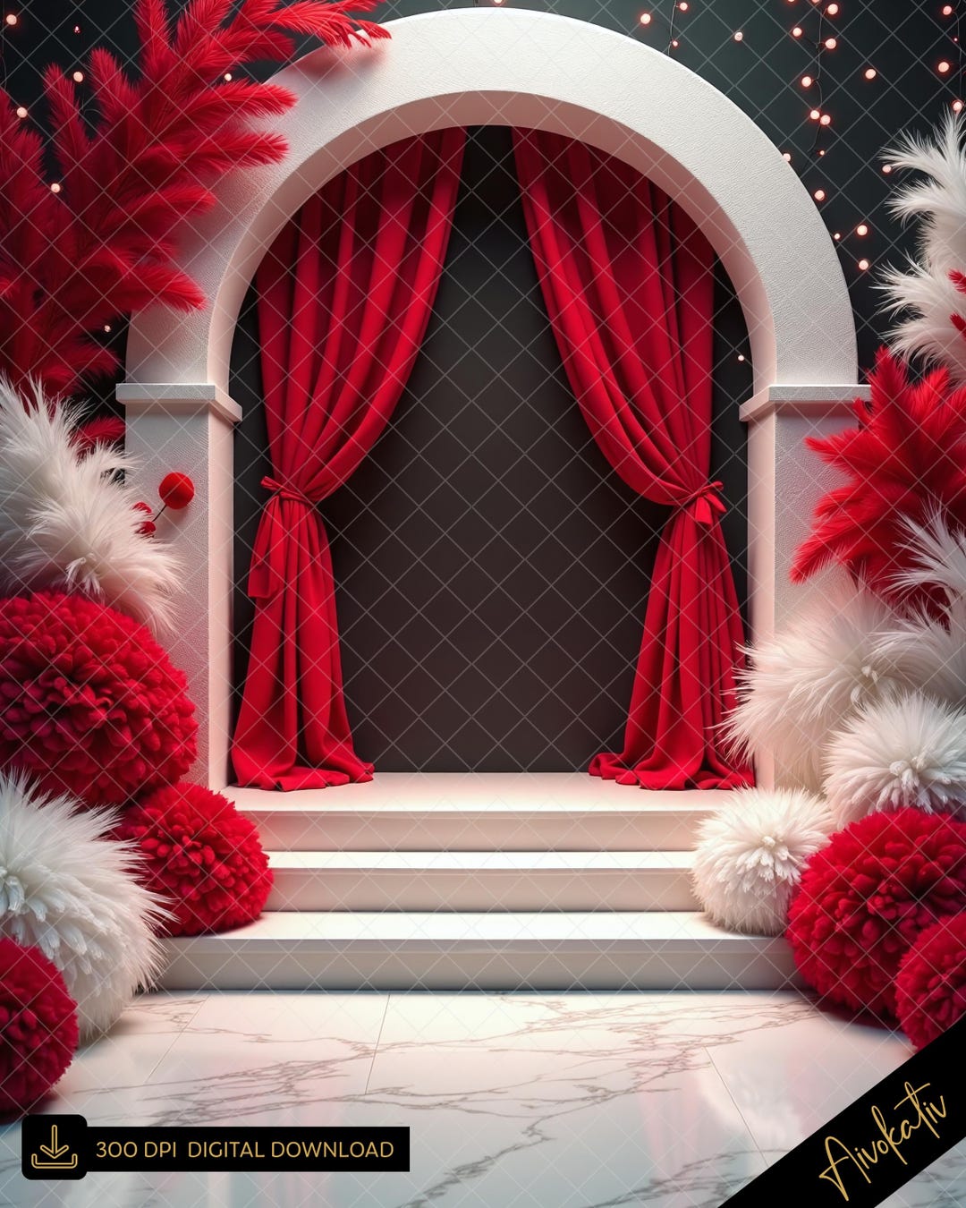 Elegant Red & White Arch Digital Photo Backdrop, Romantic Digital ...