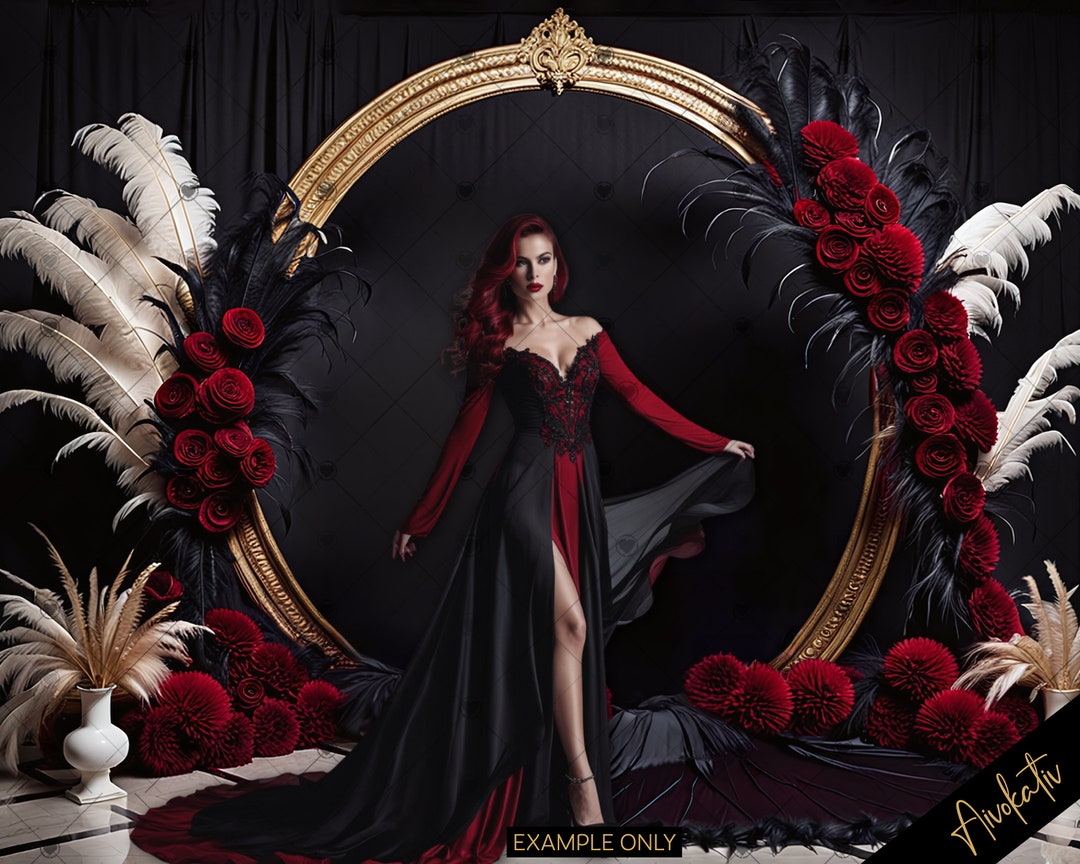 Elegant Black Gold Red Digital Photography Backdrop Feathers Flowers ...