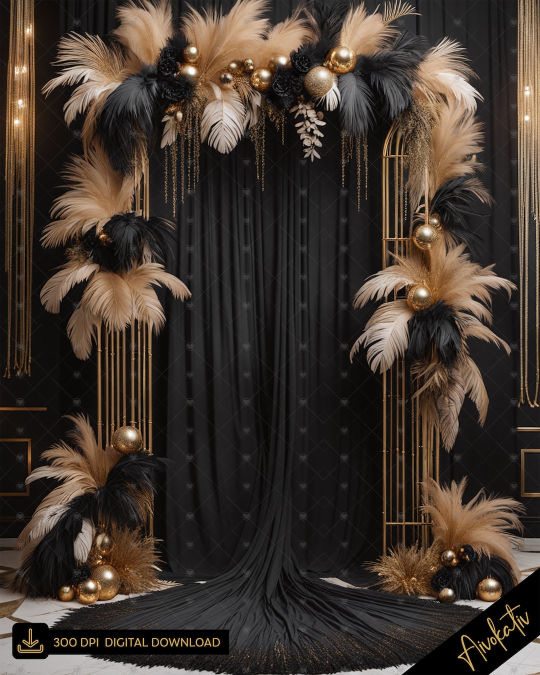 Elegant Black & Gold Arch Digital Photography Backdrop, Roaring 20's ...