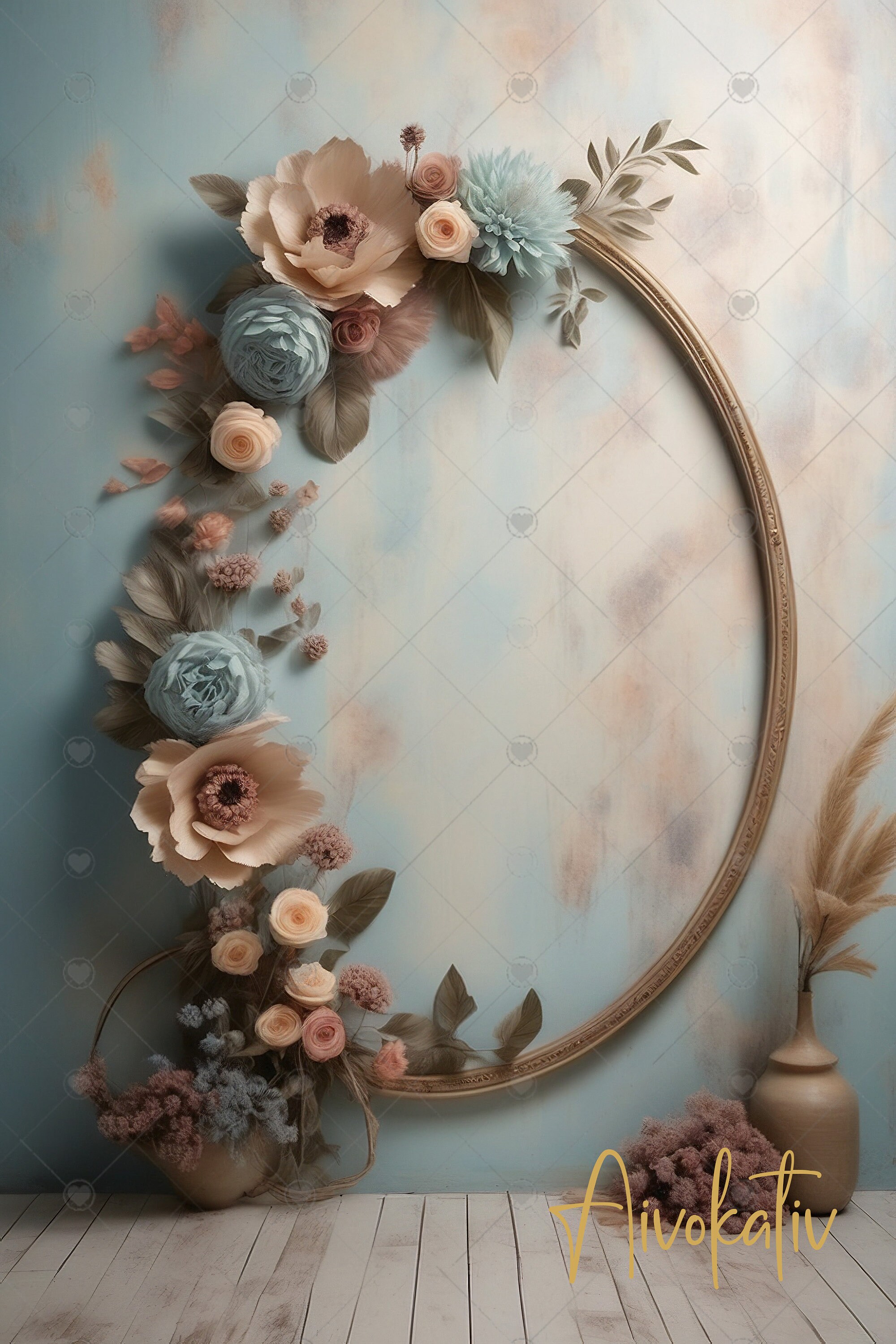 Elegant Boho Oval Digital Floral Frame Photography Backdrop, Digital ...