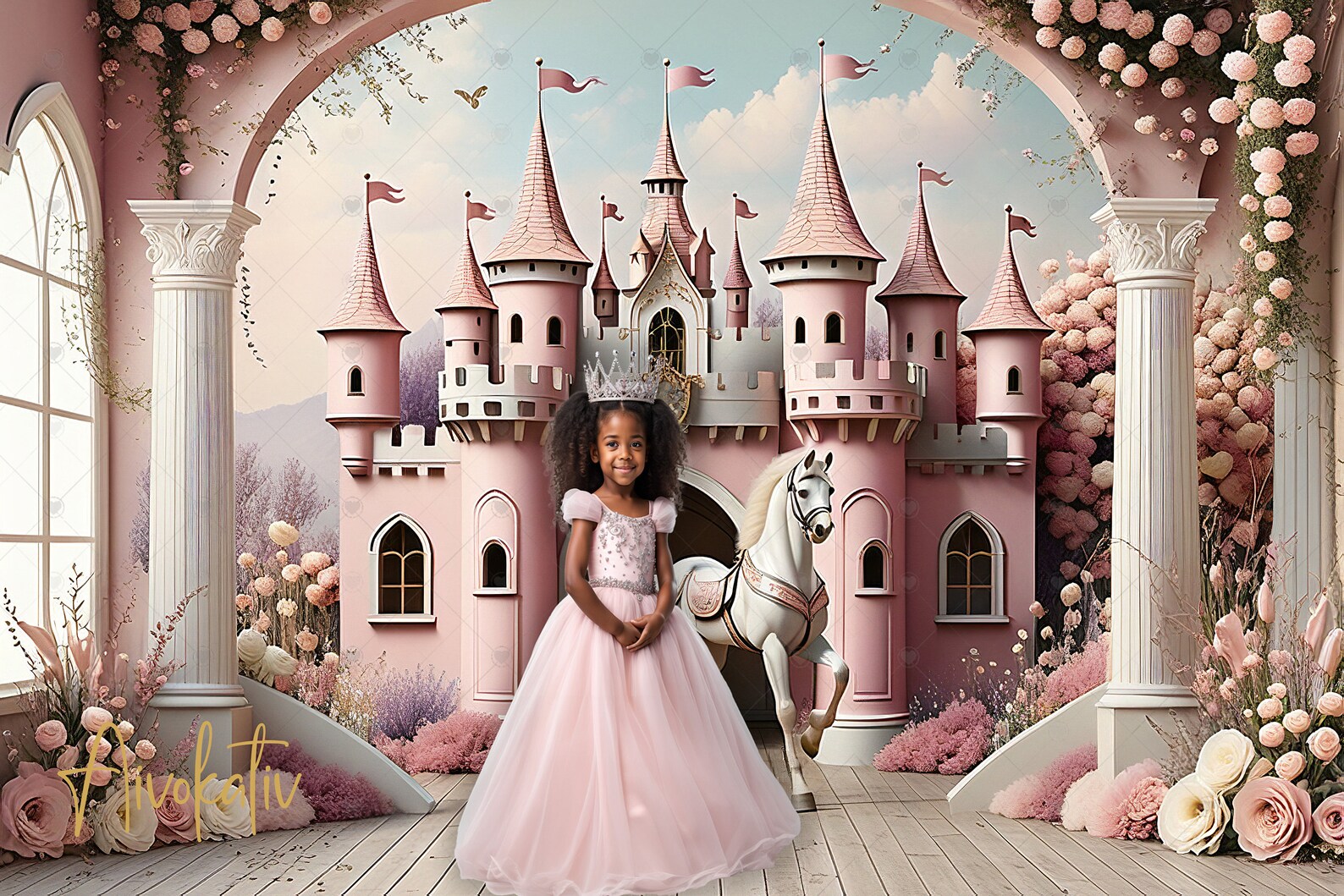 Adorable Castle With Horse Flowers Kids Digital Photography Backdrop ...