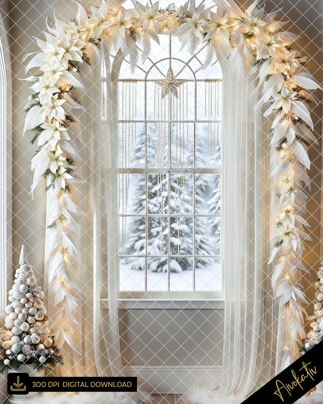 White Christmas Window Digital Photography Backdrop, Holiday Digital ...