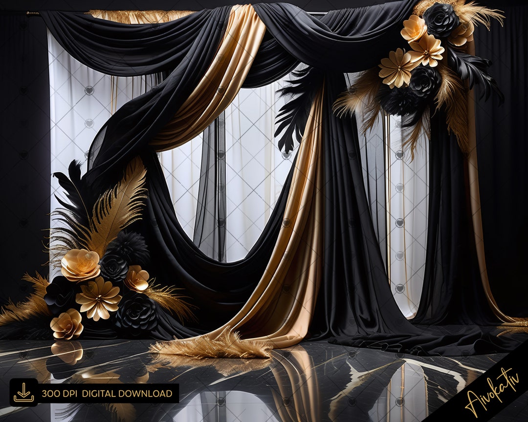 Elegant Black & Gold Digital Photography Backdrop, Dramatic Fabric ...