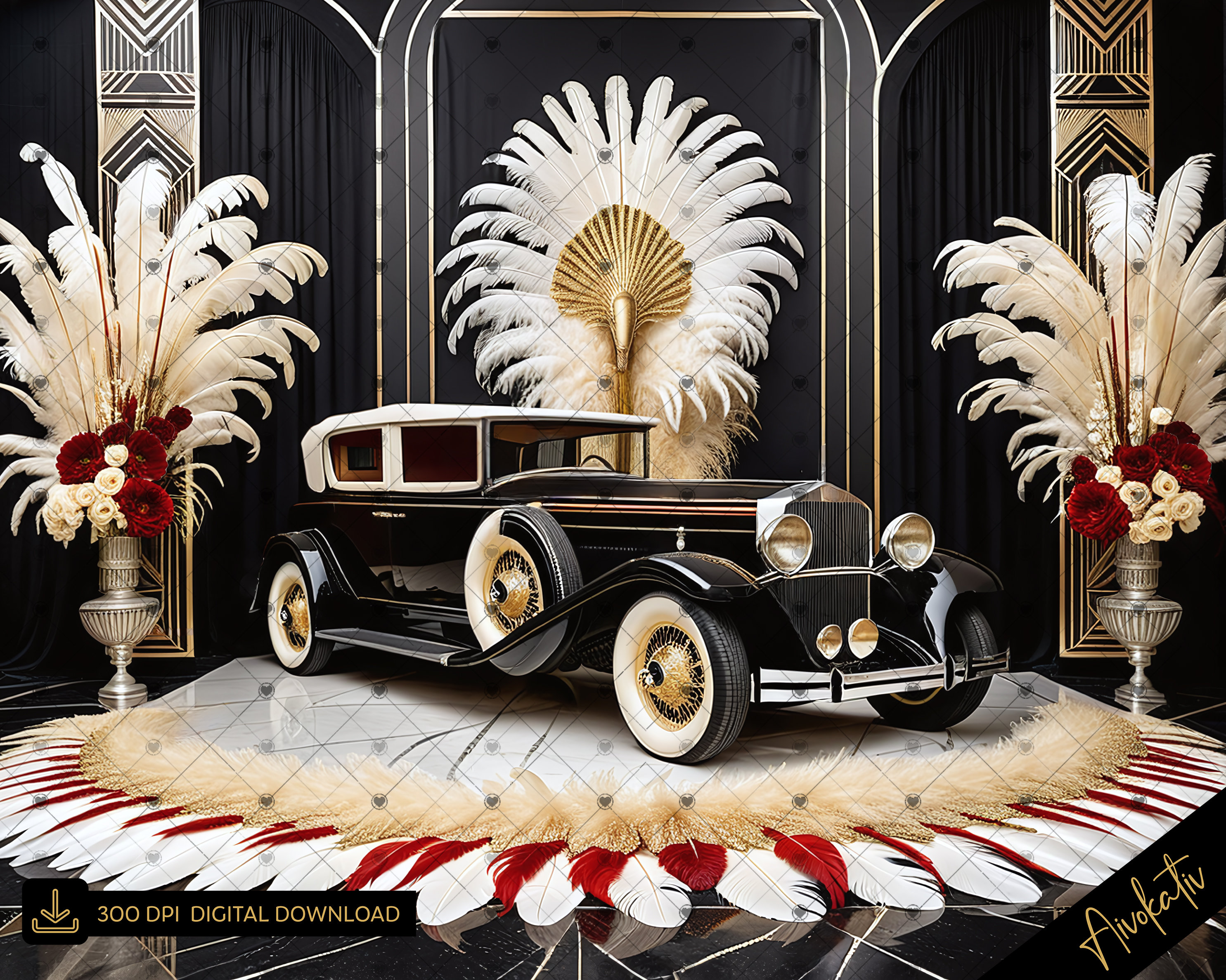 Elegant Gatsby Style Roaring 20's Ivory Black Gold & Red Digital ...