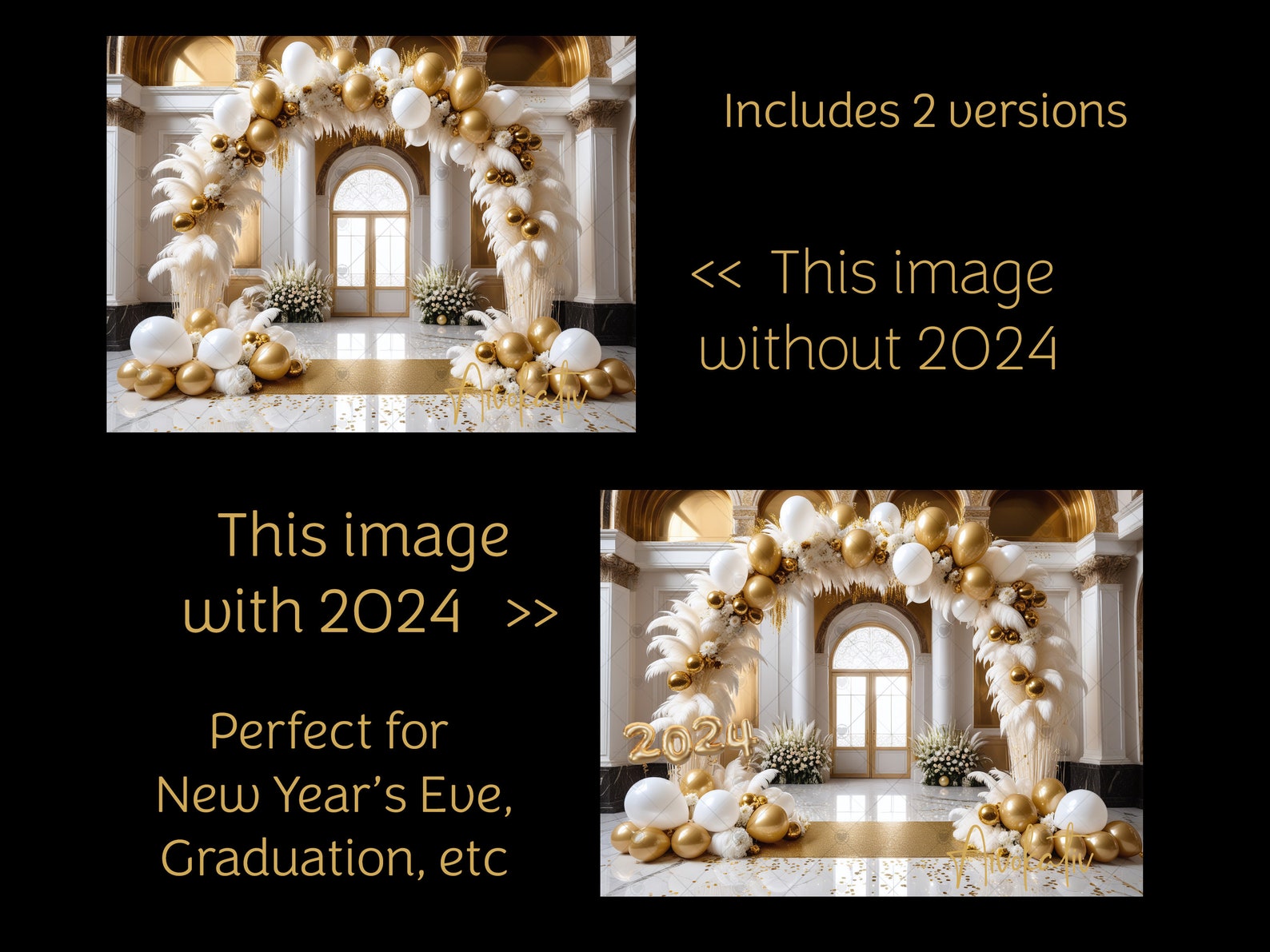 Elegant White & Gold 2024 Photography Digital Backdrop Glitter Balloons ...