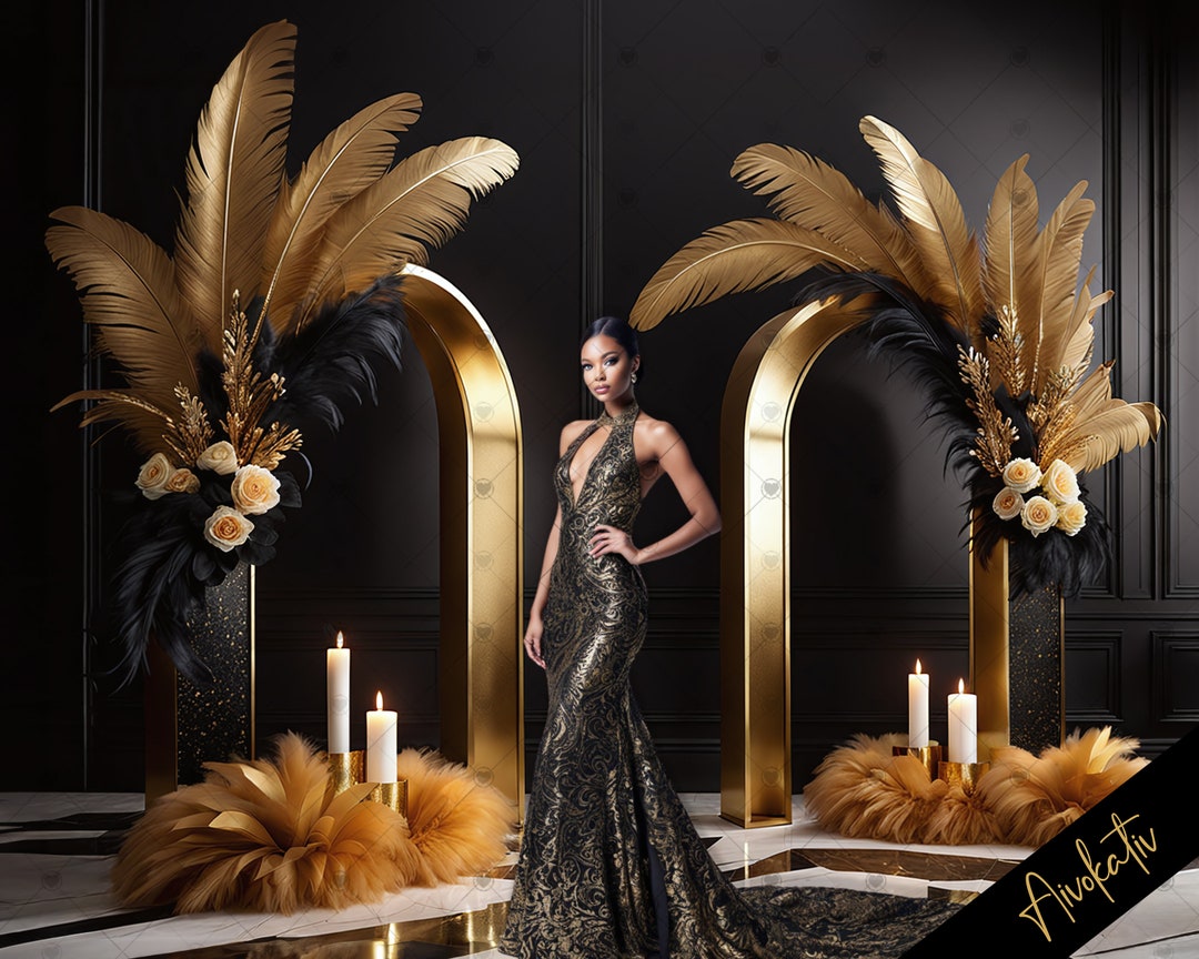 Elegant Black & Gold Twin Arch Digital Photography Backdrop, Black Gold ...