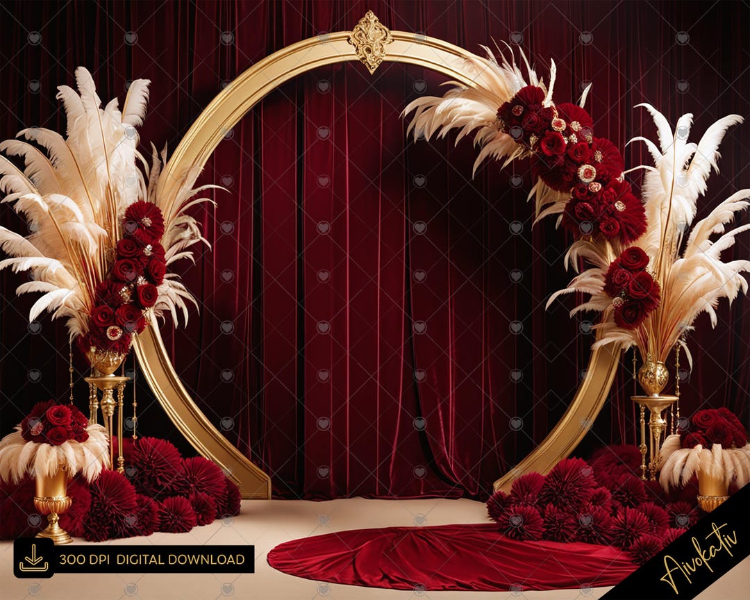 Elegant Gold & Red Digital Photography Backdrop Feathers Flowers ...