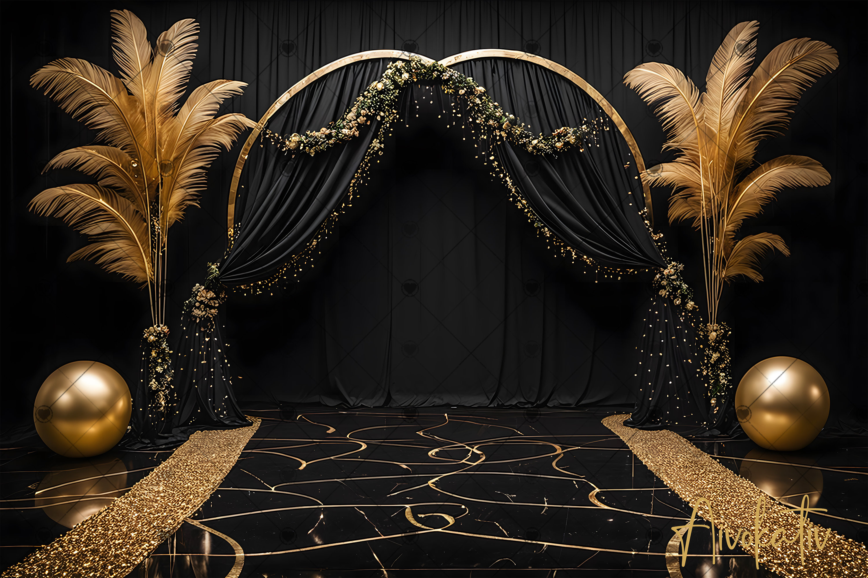 Elegant Black & Gold Digital Backdrop, Maternity Wedding Birthday ...