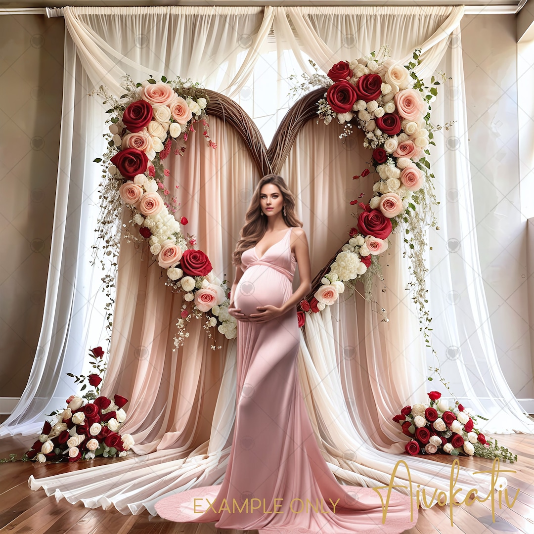 Romantic Wedding Floral Heart Digital Photography Backdrop Boho Digital ...