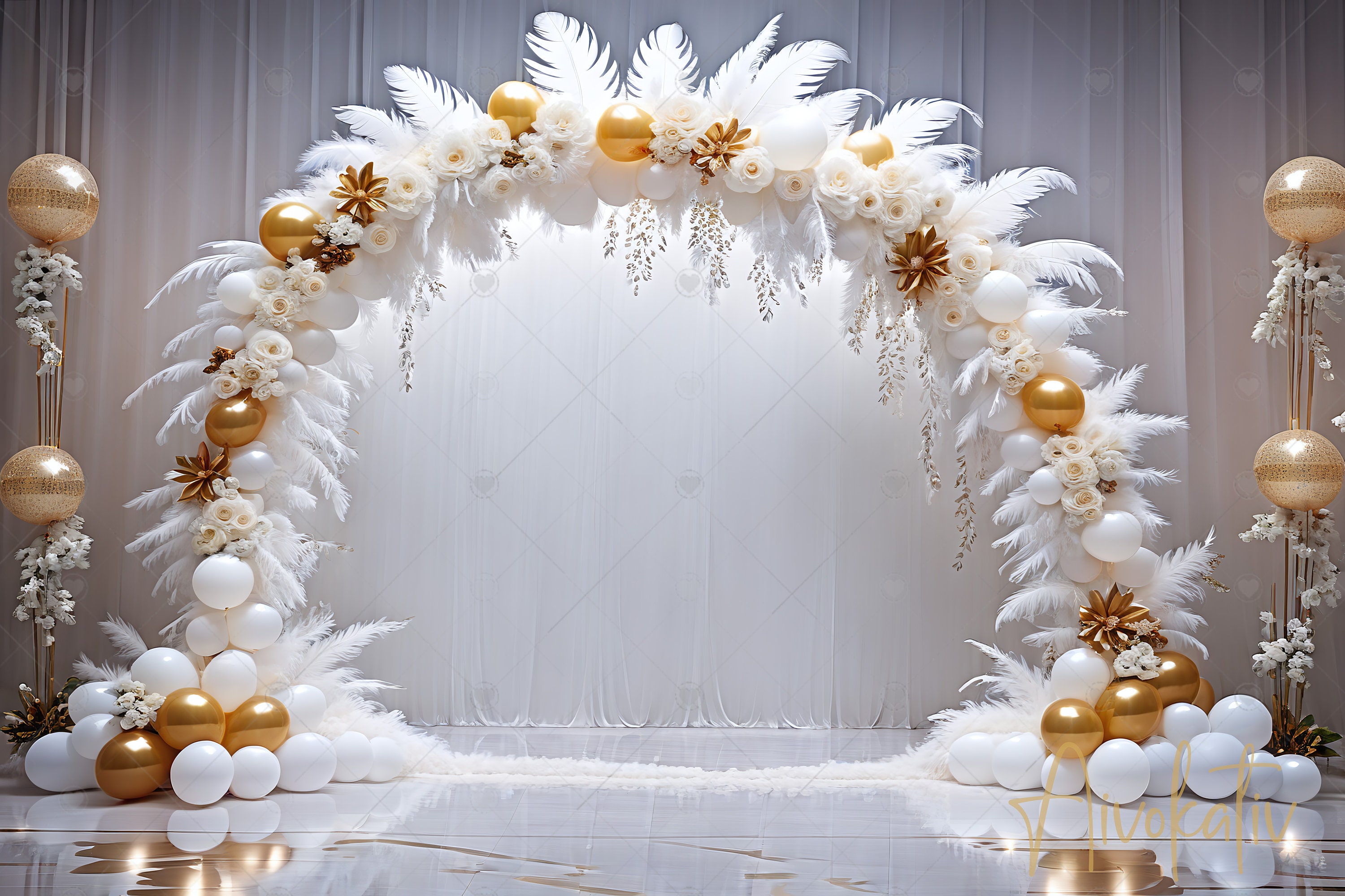Elegant White & Gold Digital Photography Backdrop Feathers and Balloons ...