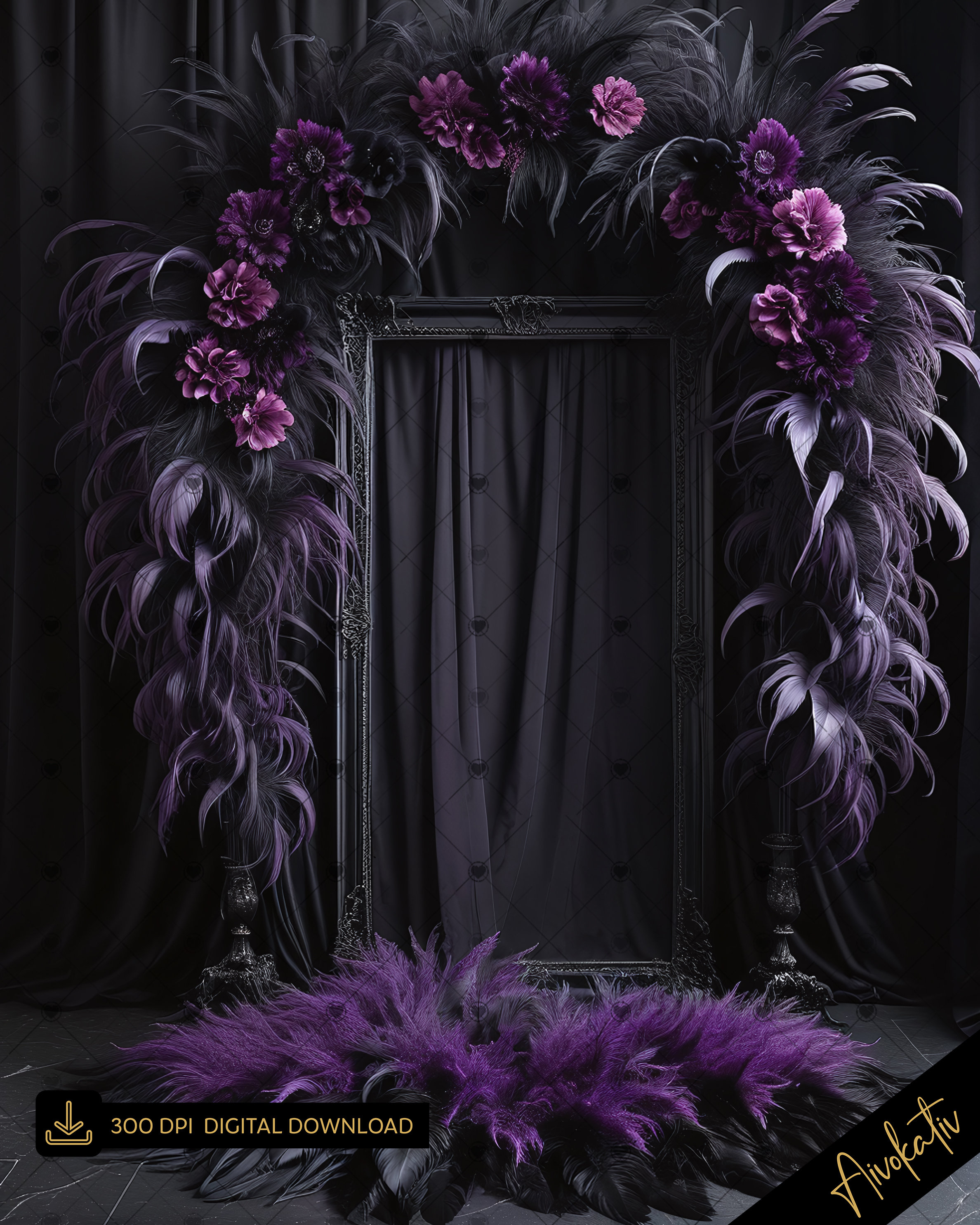 Gothic Noir Frame Digital Photography Backdrop Black Purple Feathers ...