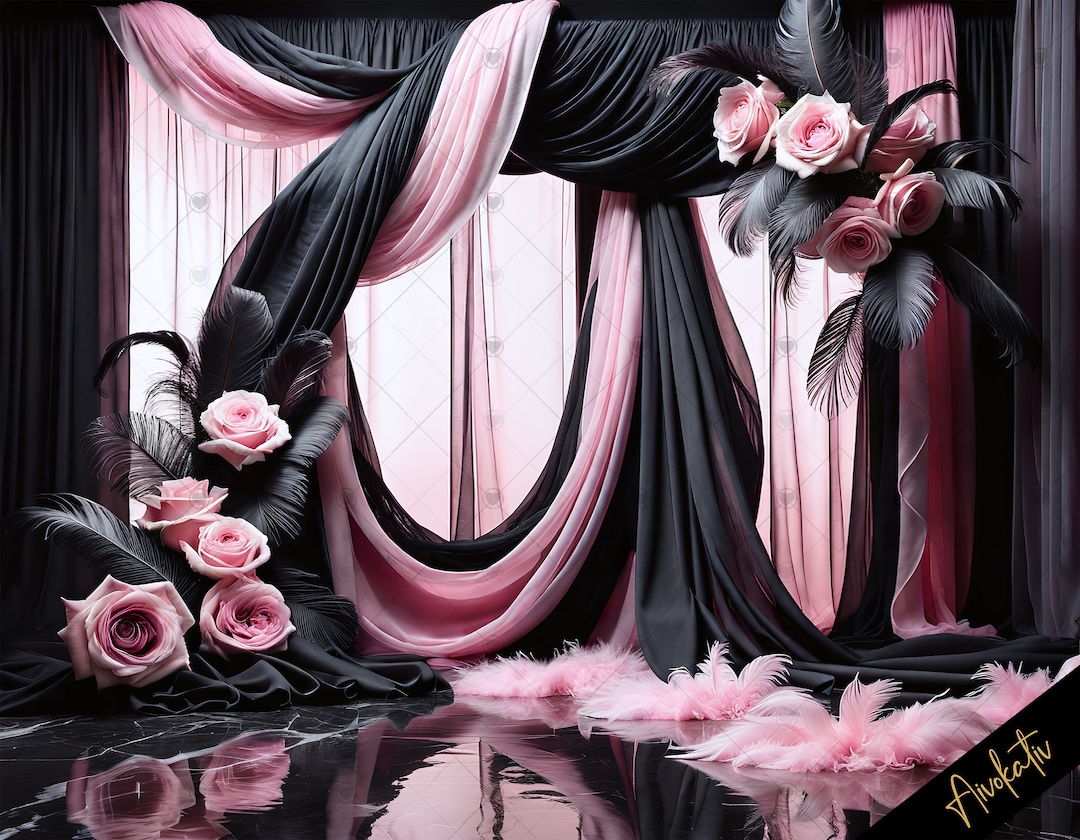 Elegant Pink & Black Digital Photography Backdrop, Dramatic Fabric ...