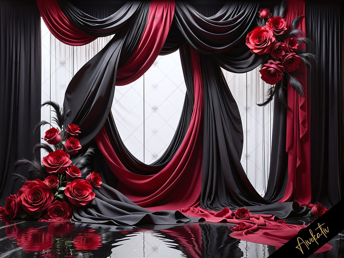 Elegant Red & Black Digital Photography Backdrop, Dramatic Fabric ...