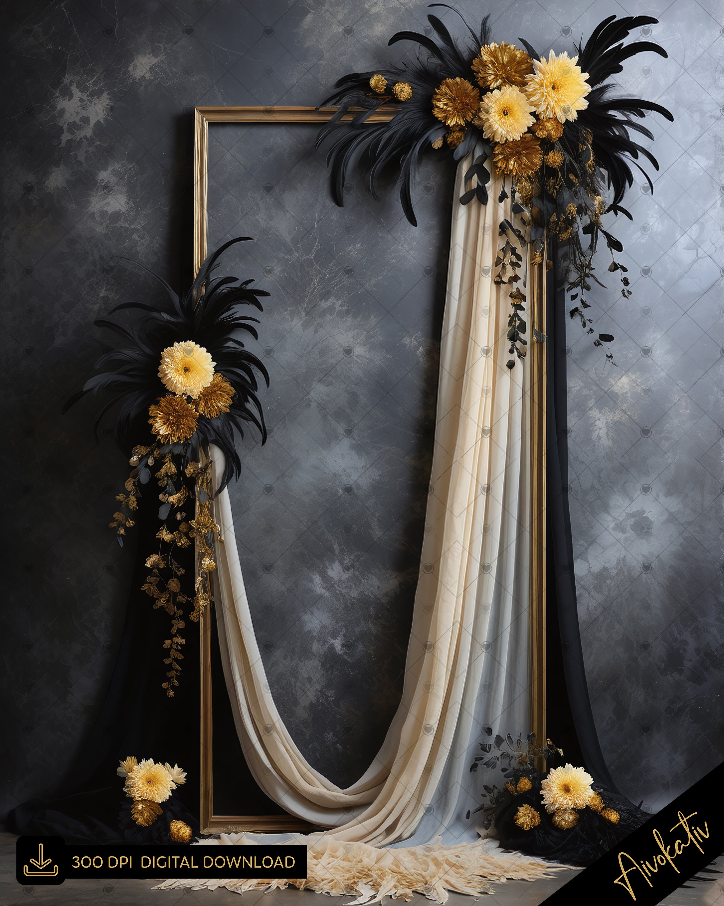 Elegant Black & Gold Digital Floral Frame Photography Backdrop, Vintage ...