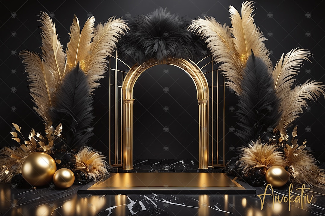 Elegant Black & Gold Digital Photography Backdrop Feathers and Balloons ...
