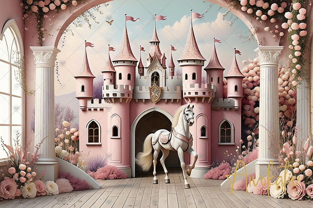 Adorable Castle With Horse Flowers Kids Digital Photography Backdrop ...