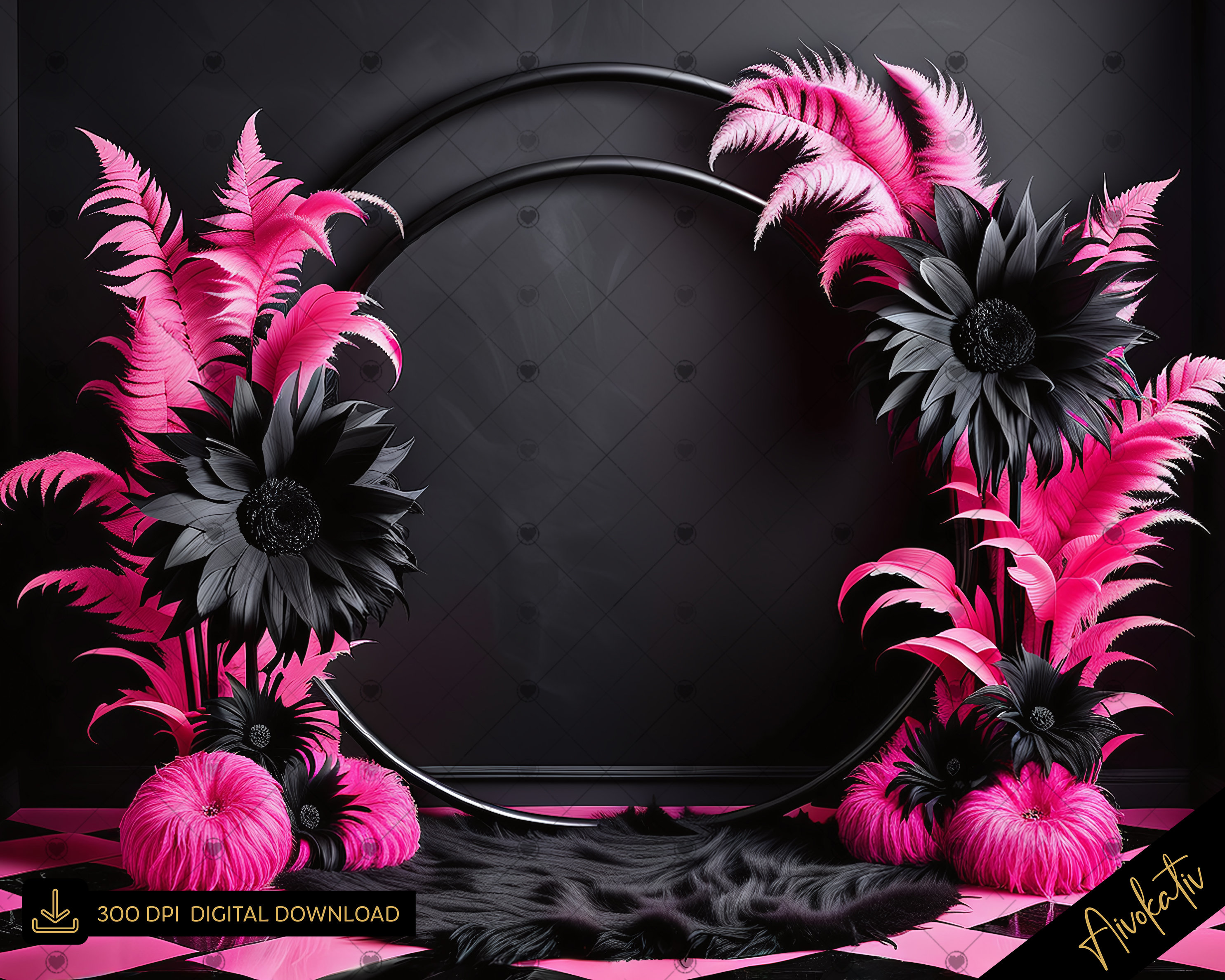 Elegant Hot Pink & Black Digital Photography Backdrop, Digital ...