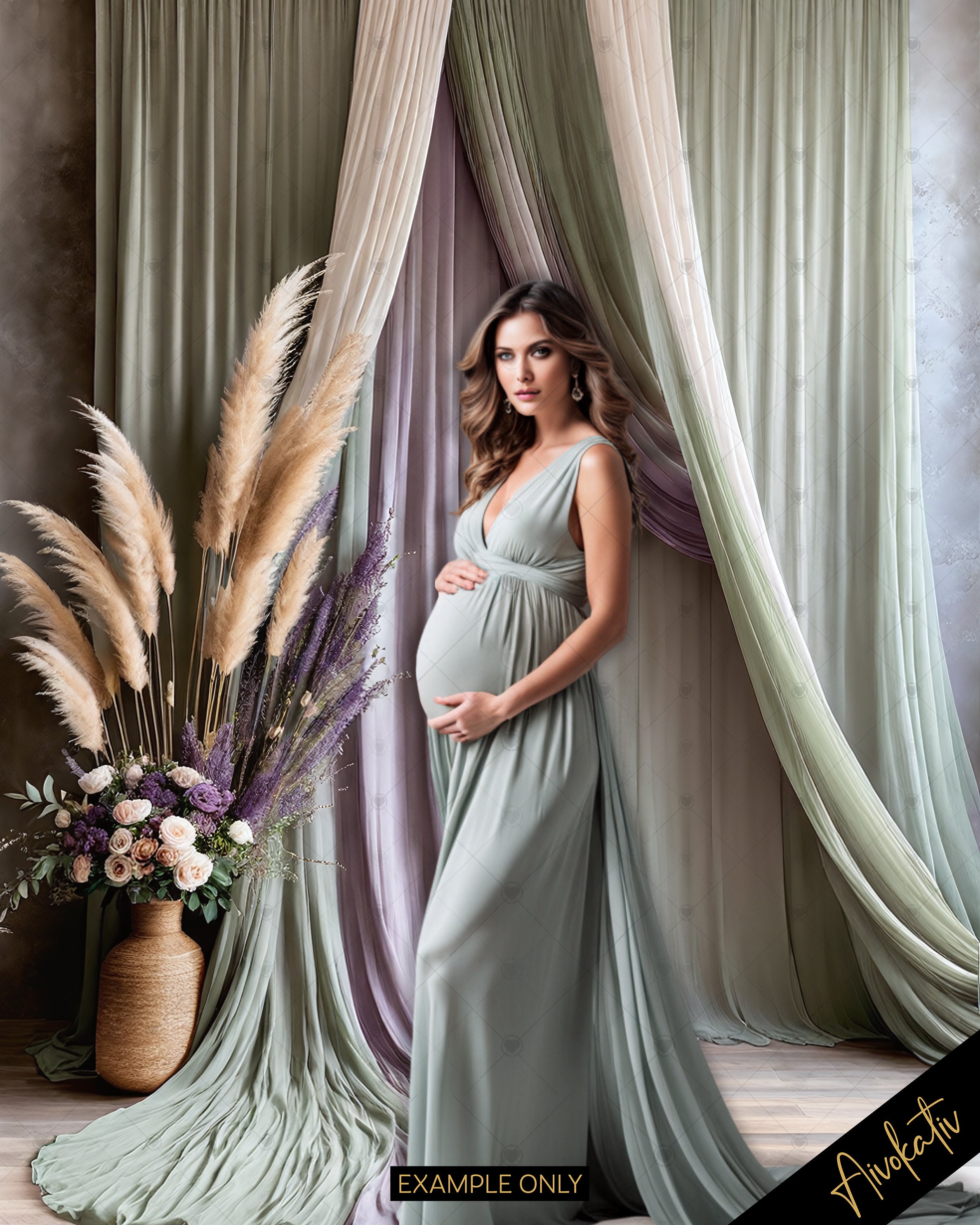 Elegant Soft Sage & Lavender Digital Photography Backdrop, Boho Fabric ...