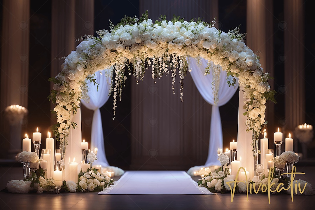 Elegant Wedding Arch Digital Photography Backdrop Candles and Flowers ...