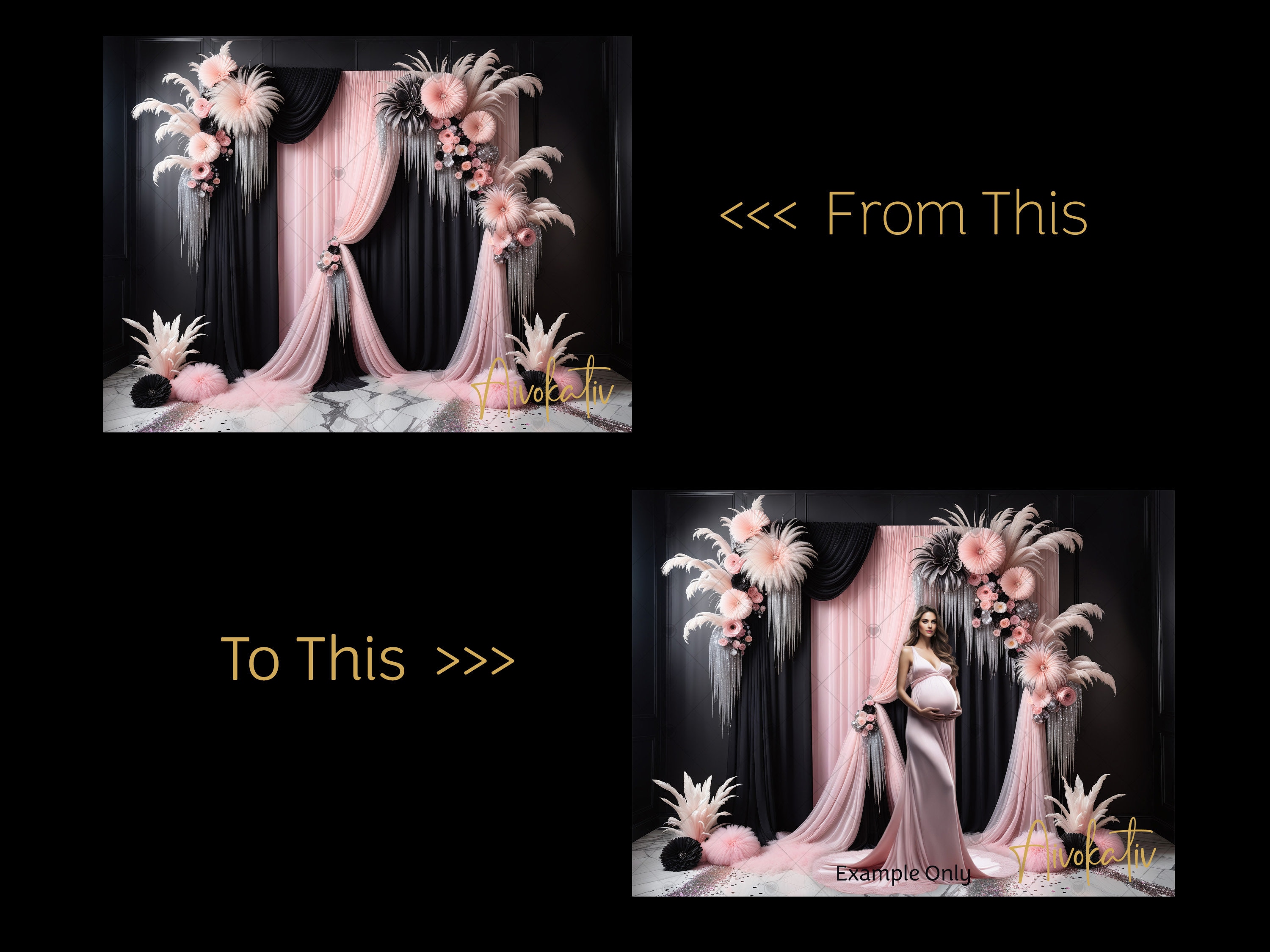 Elegant Pink & Black Digital Photography Backdrop Boho Digital ...