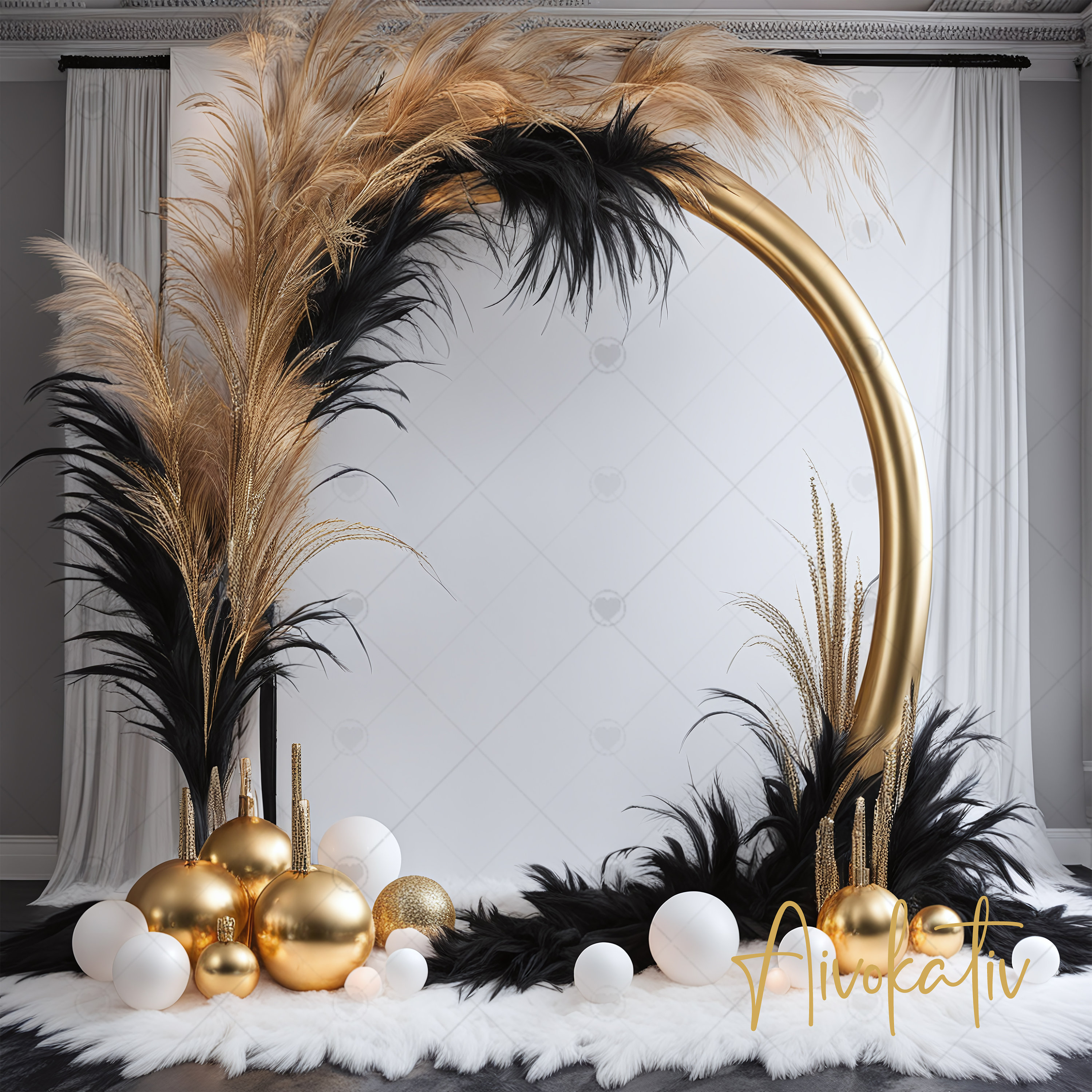 Elegant Black & Gold Digital Photography Backdrop Feathers and Pampas ...