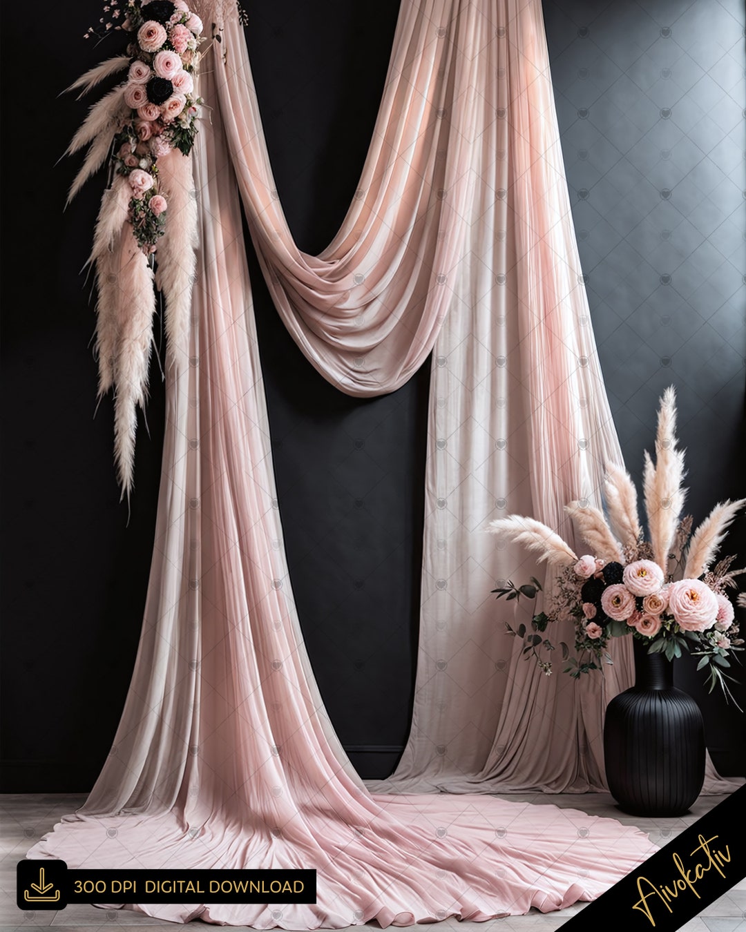 Elegant Soft Pink & Black Digital Photography Backdrop, Boho Fabric ...