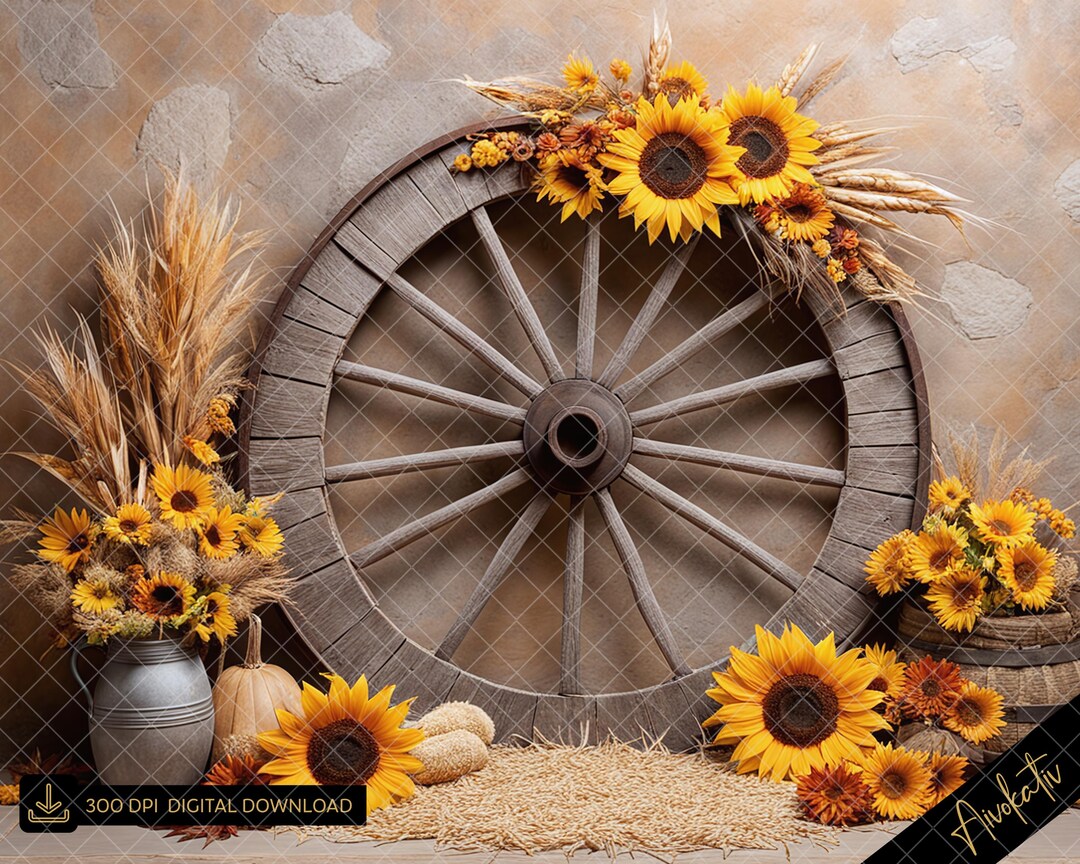 Fall Sunflowers Wagon Wheel Digital Backdrop, Autumn Digital Background ...