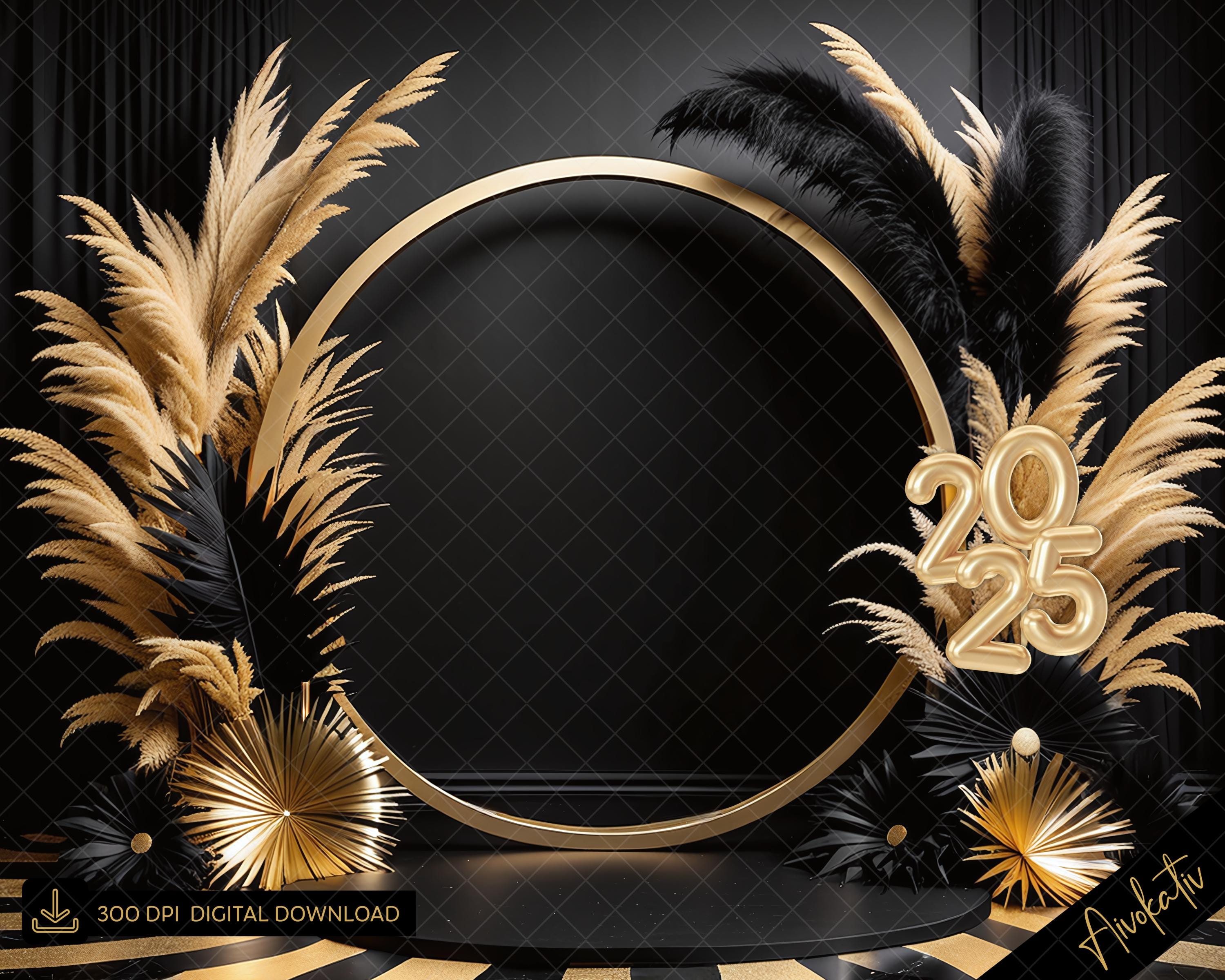 Elegant Black & Gold Digital Photography Backdrop Feathers 2025 Digital ...