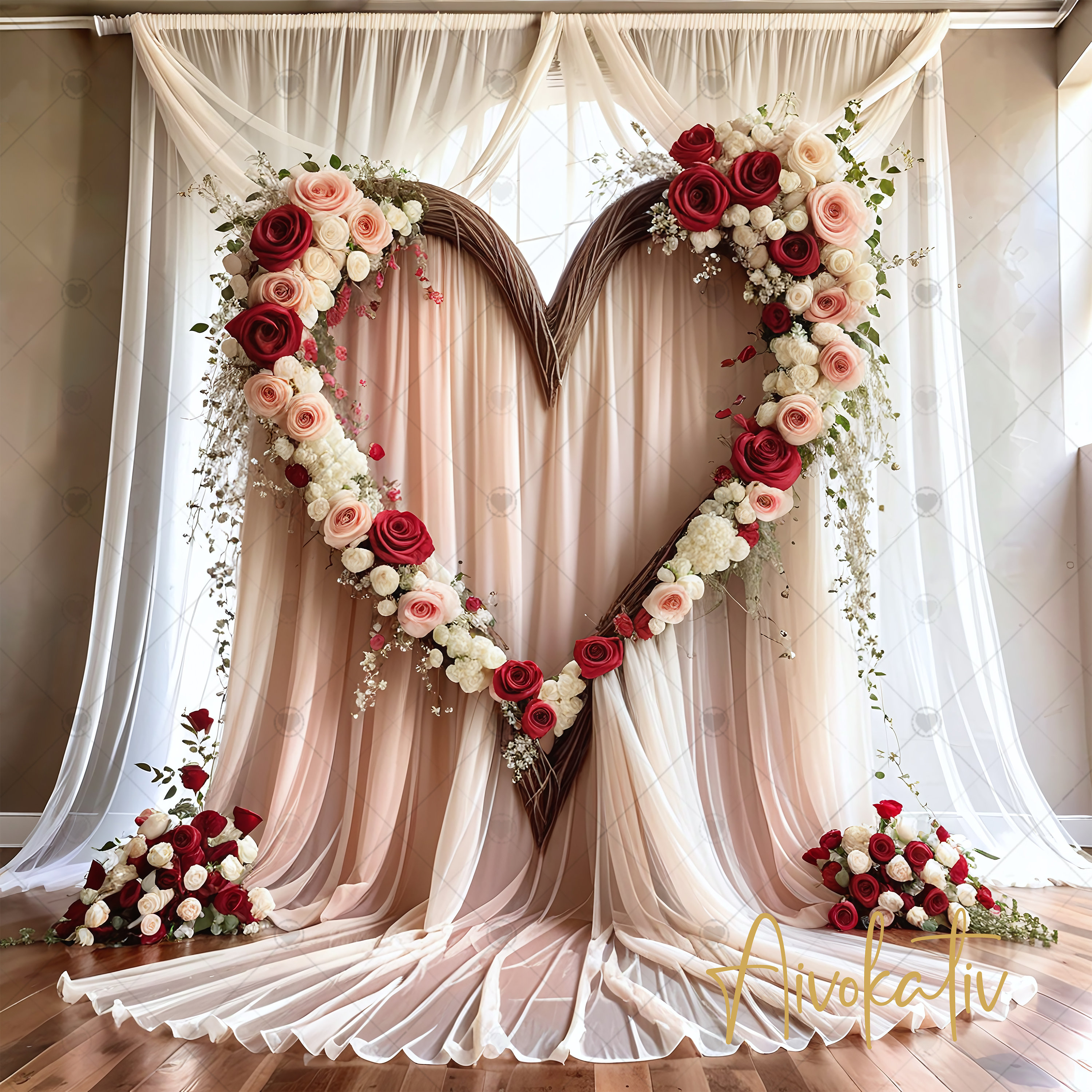 Romantic Wedding Floral Heart Digital Photography Backdrop Boho Digital ...