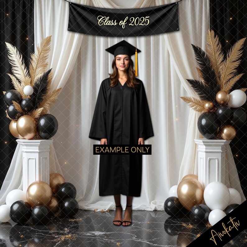 Black, White & Gold 2025 Digital Photography Backdrop, Graduation ...