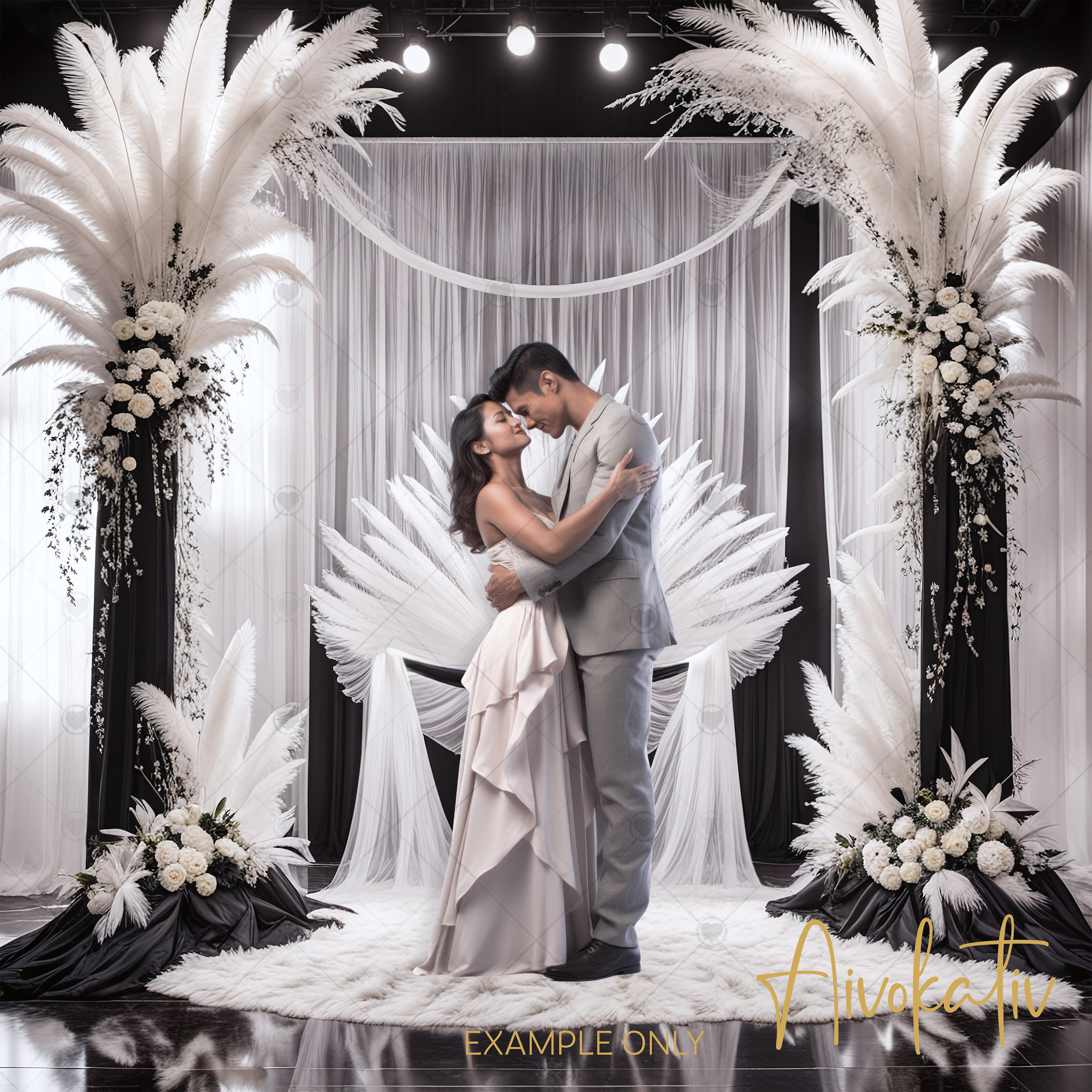 Elegant Black & White Digital Photography Backdrop Feathers and Flowers Digital Background Boho ...