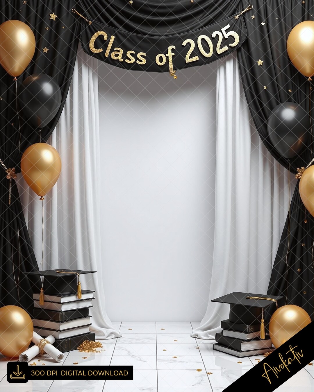 Black, White & Gold 2025 Digital Photography Backdrop, Graduation ...