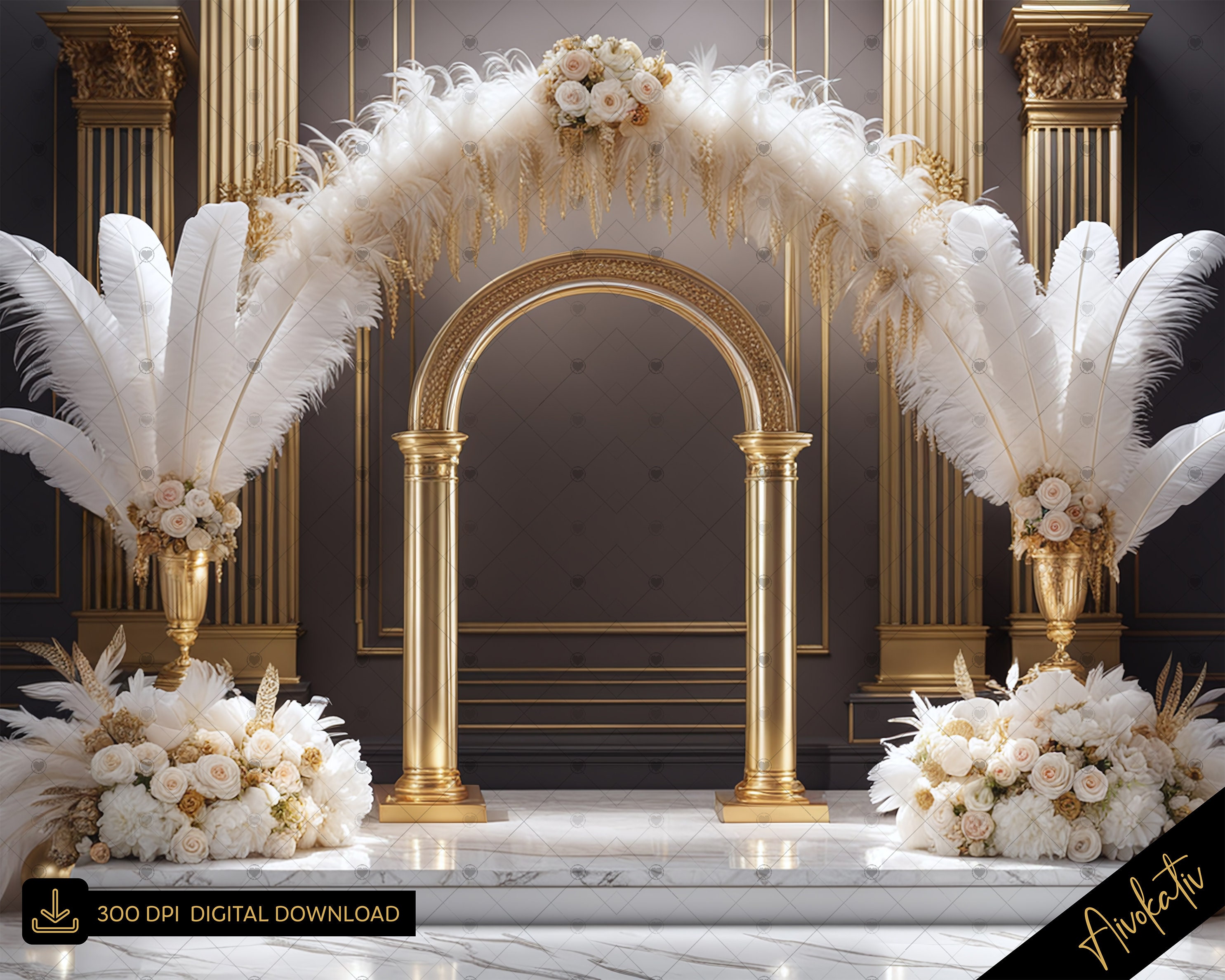 Elegant White & Gold Arch Digital Photography Backdrop, Baroque Style ...